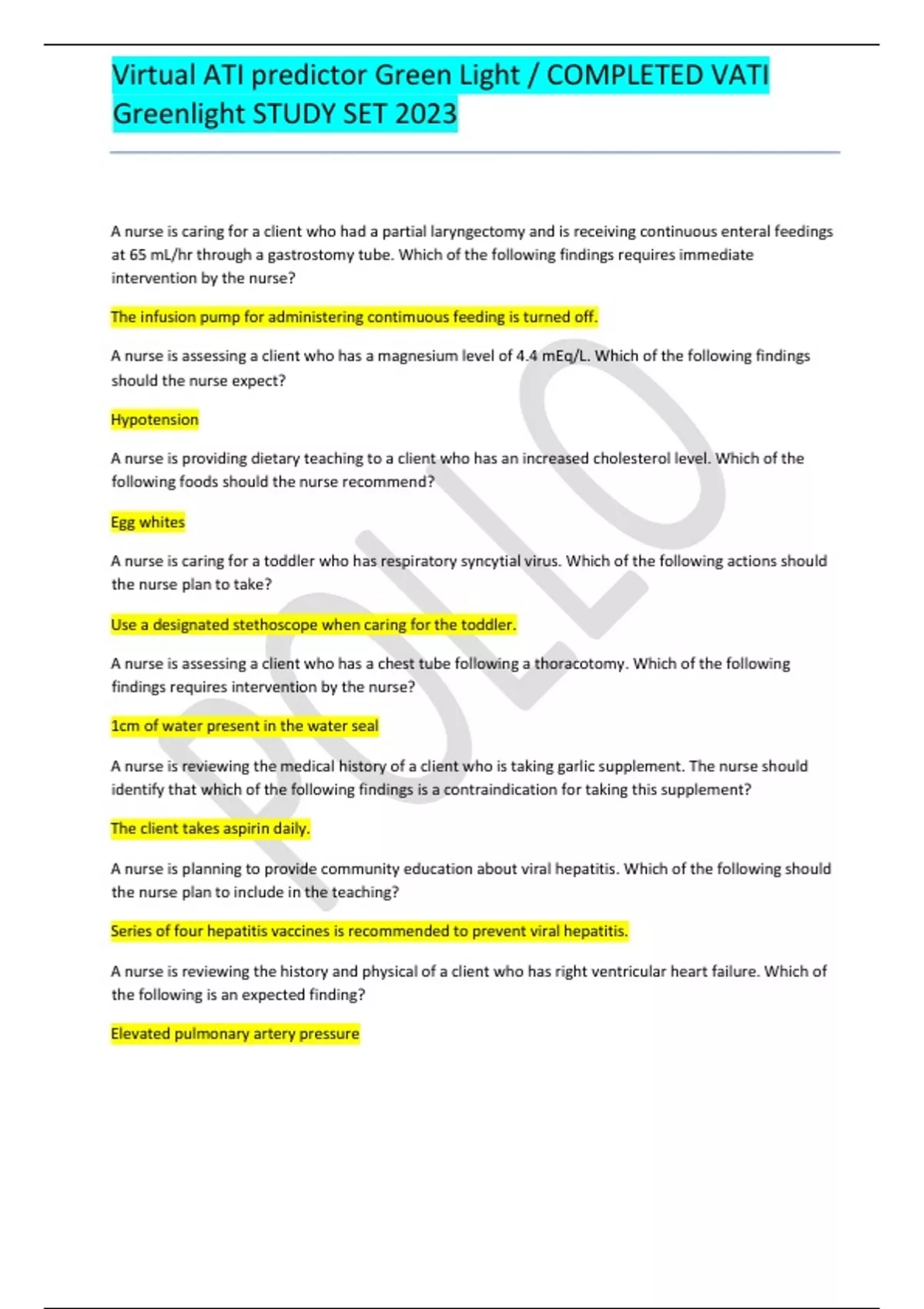 Virtual ATI predictor Green Light / COMPLETED VATI Greenlight STUDY SET 2023 - Virtual ATI Green ...