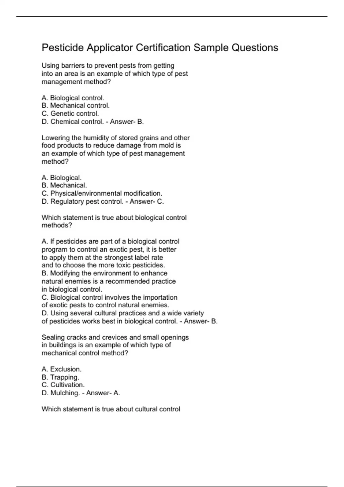 Pesticide Applicator Certification Sample Questions - Pesticide ...