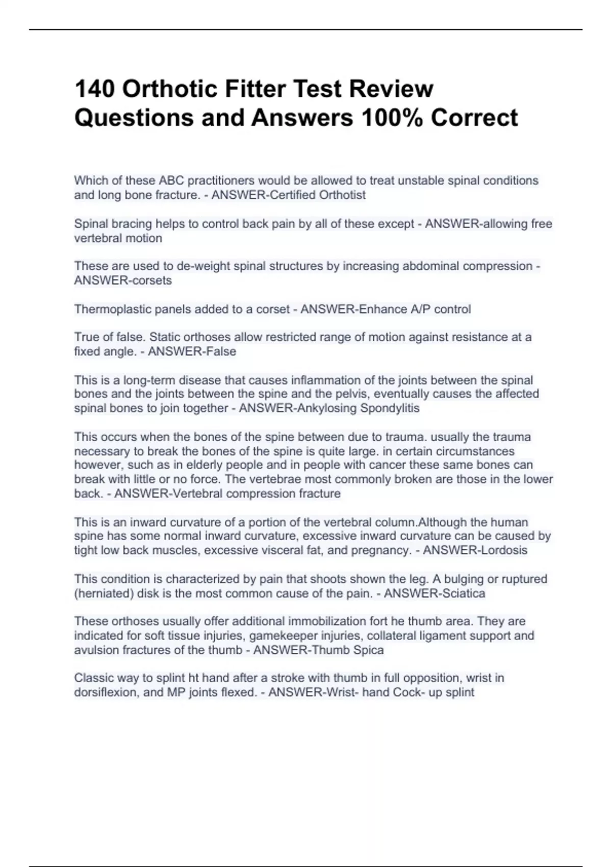 140 Orthotic Fitter Test Review Questions and Answers 100% Correct ...