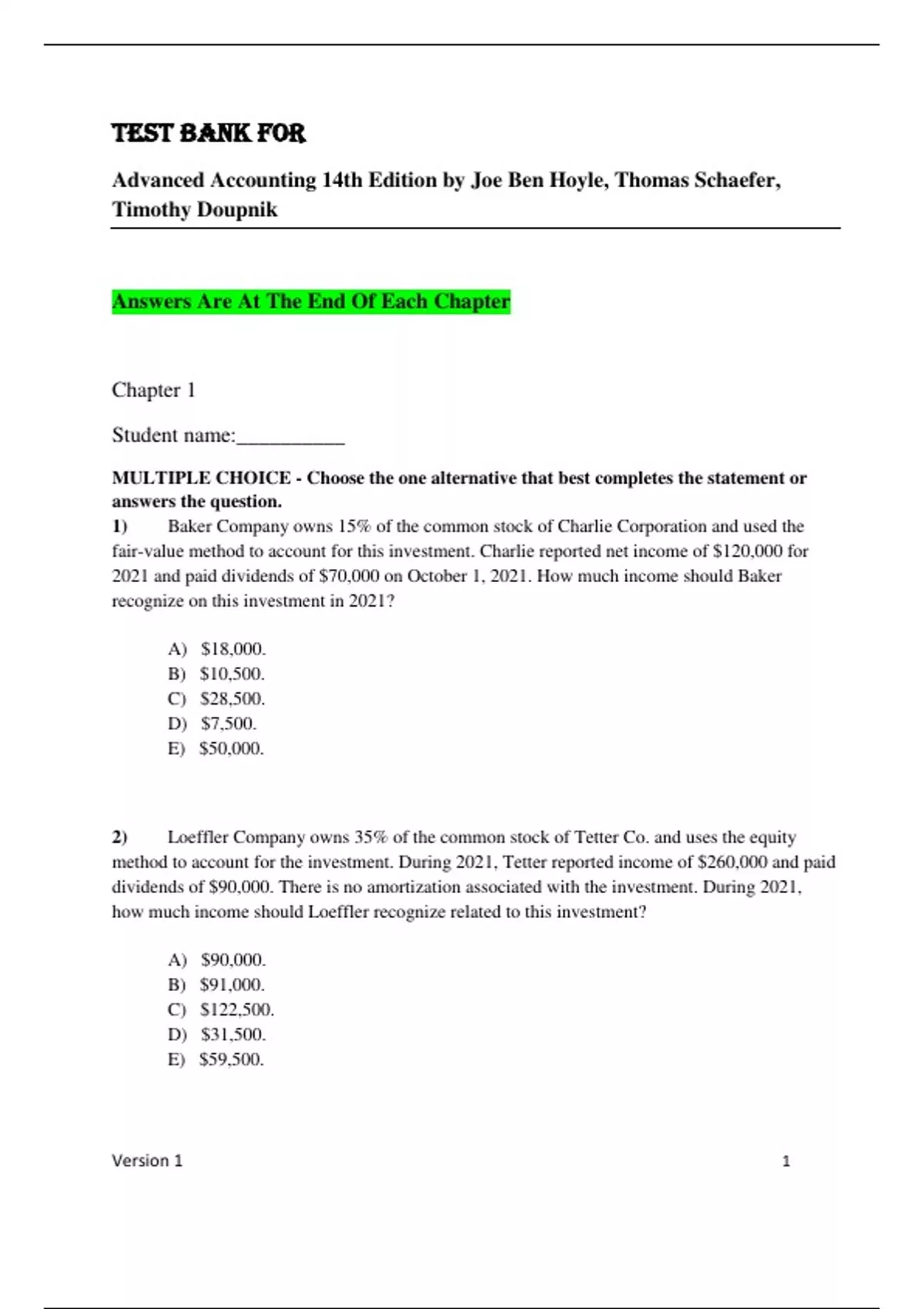 Test Bank for Advanced Accounting 14th Edition by Joe Ben Hoyle, Thomas ...