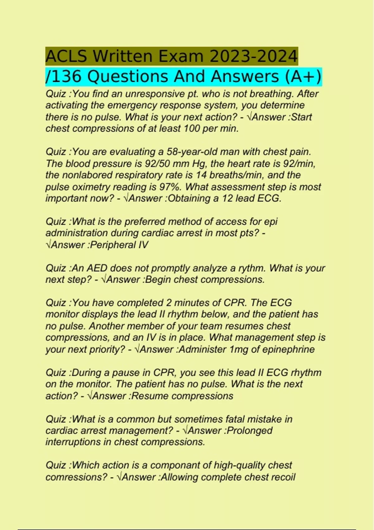 ACLS Written Exam /136 Questions And Answers (A+) - ACLS Written Exam ...
