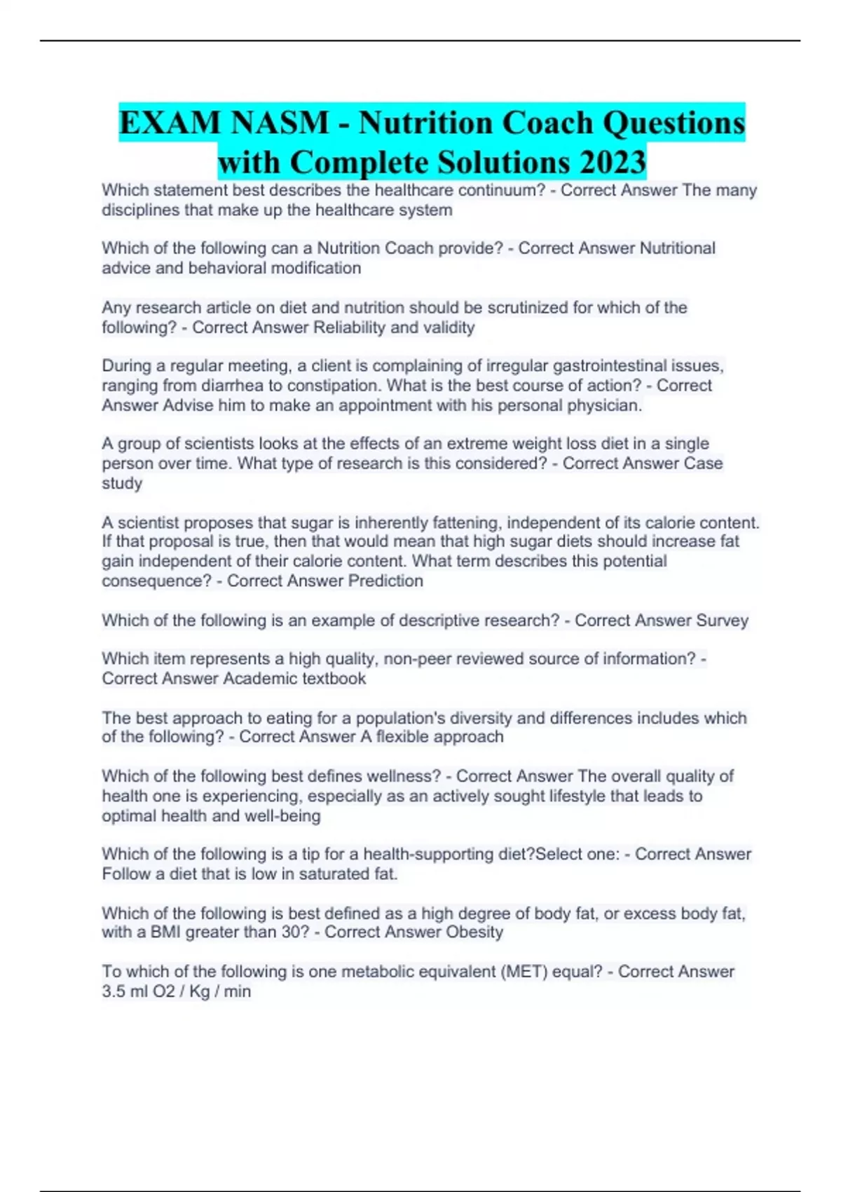 EXAM NASM - Nutrition Coach Questions with Complete Solutions 2023 ...