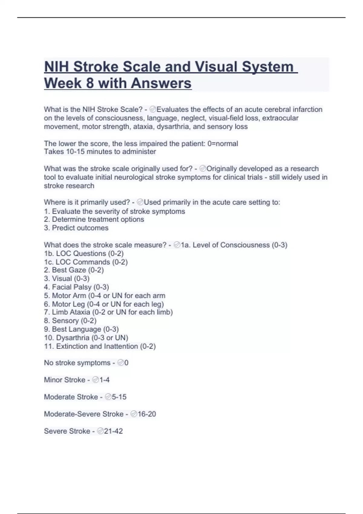 NIH Stroke Scale and Visual System Week 8 with Answers. - NIH - Stuvia US