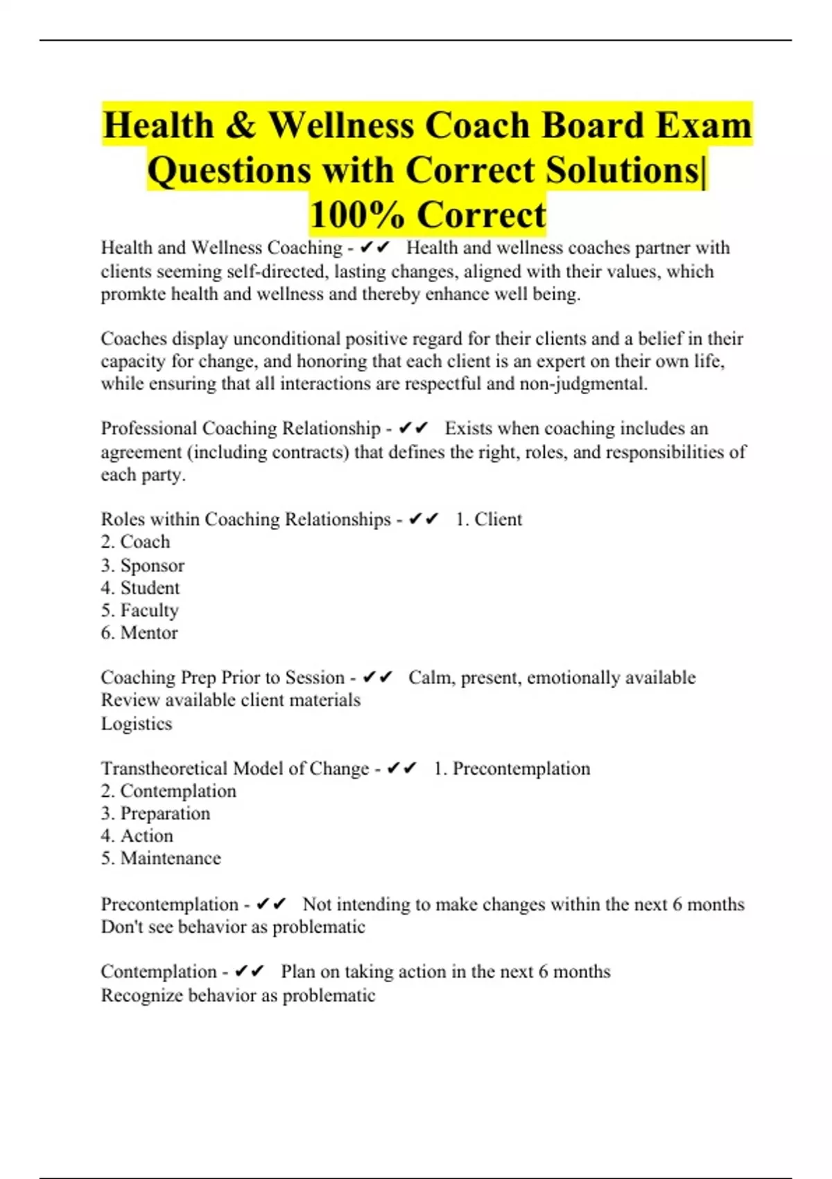 Health & Wellness Coach Board Exam Questions with Correct Solutions ...