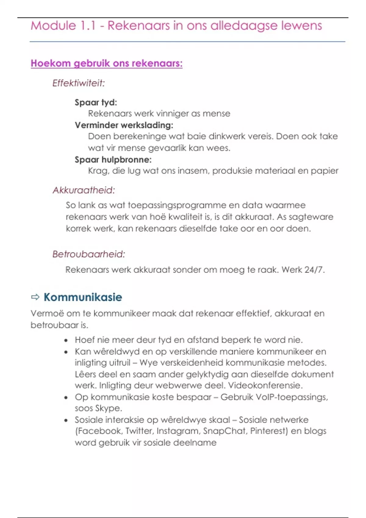 Summary Module 1.1 - Rekenaars in ons alledaagse lewens - Computer ...