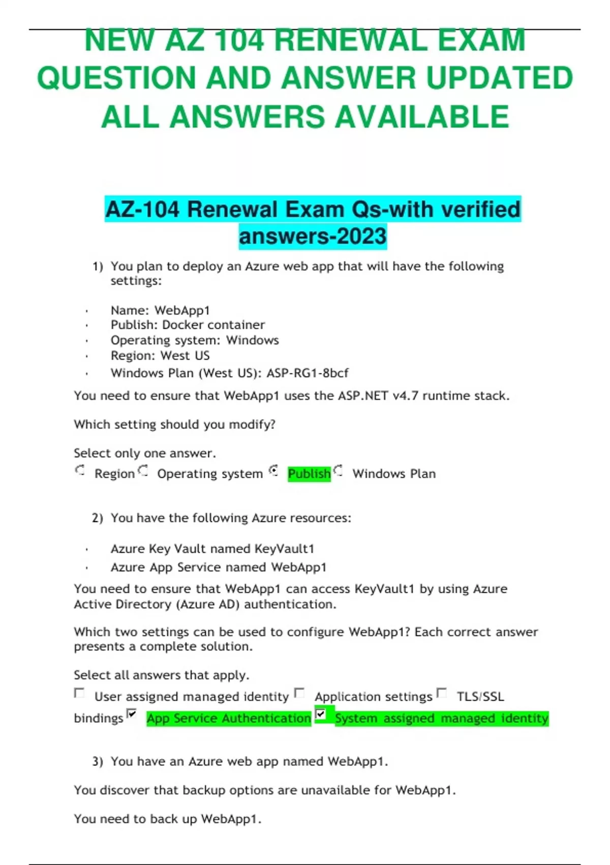 NEW AZ 104 RENEWAL EXAM QUESTION AND ANSWER UPDATED ALL ANSWERS ...
