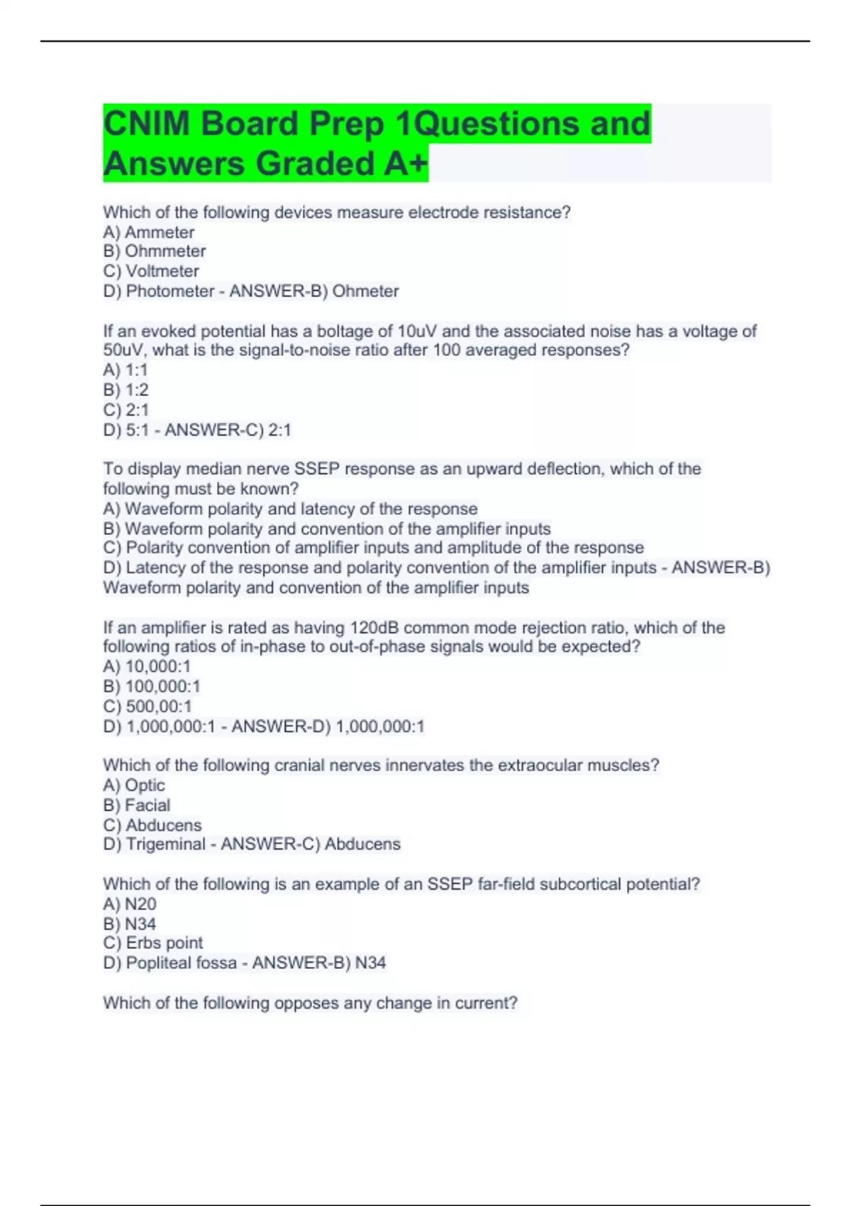 CNIM Board Prep 1Questions and Answers Graded A+ - Cnim - Stuvia US