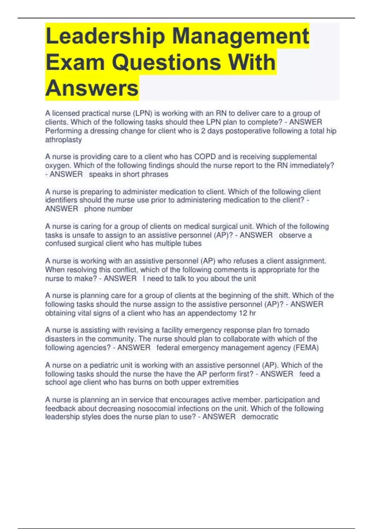 Leadership Management Exam Questions With Answers - Leadership ...
