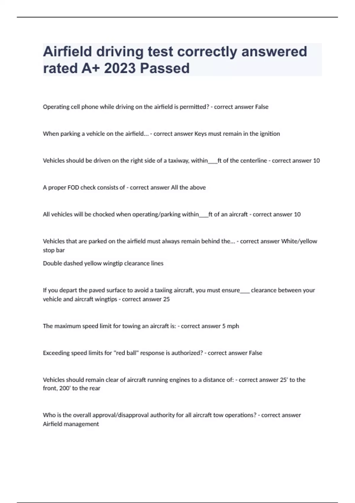 Airfield driving test correctly answered rated A+ 2023 Passed ...