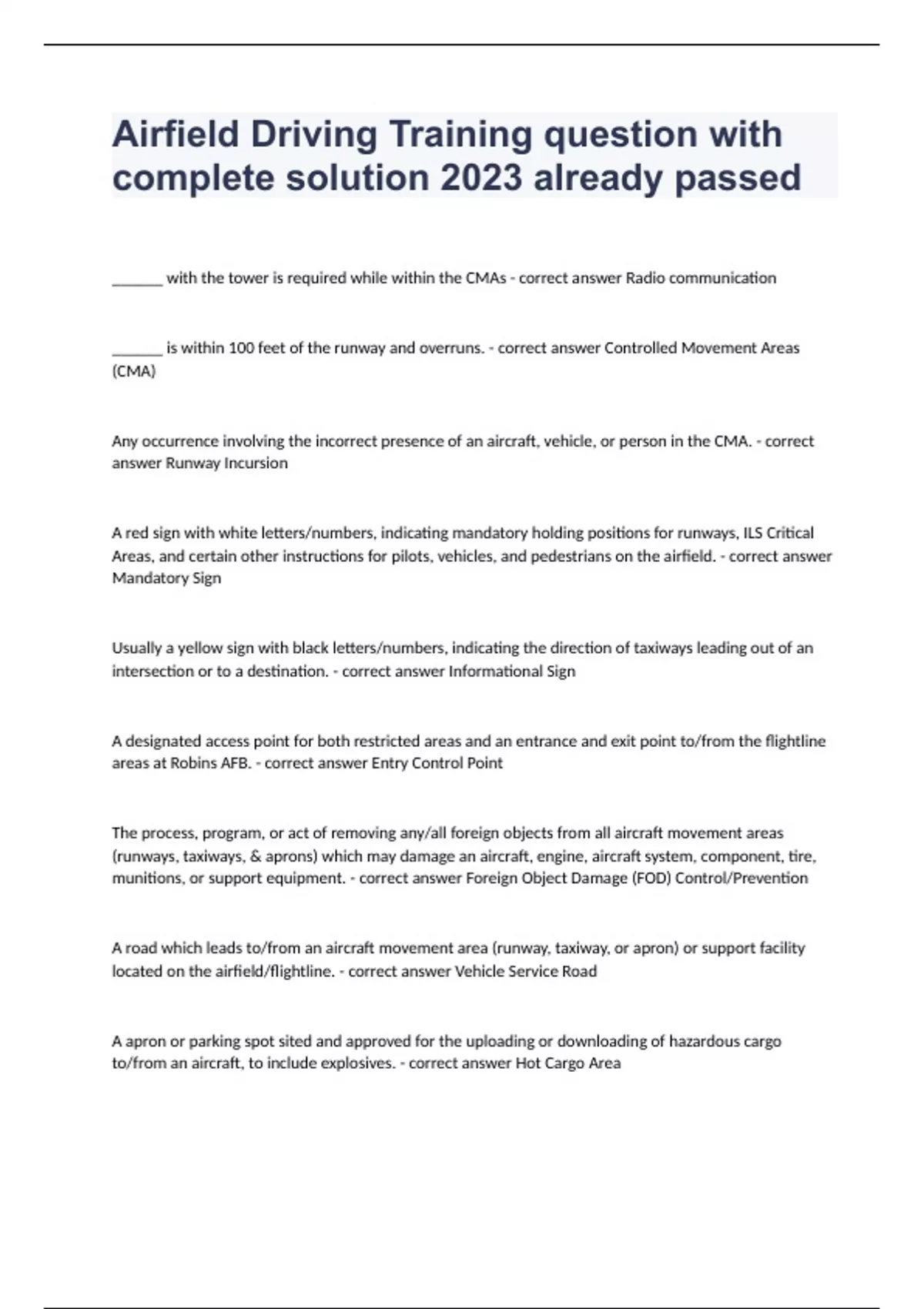 Airfield Driving Training question with complete solution 2023 already ...