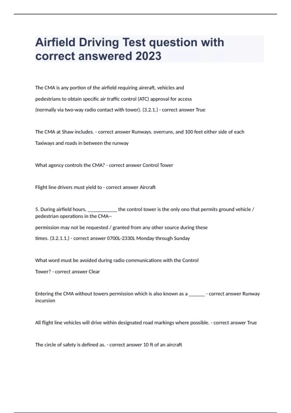 Airfield Driving Test question with correct answered 2023 - Airfield ...