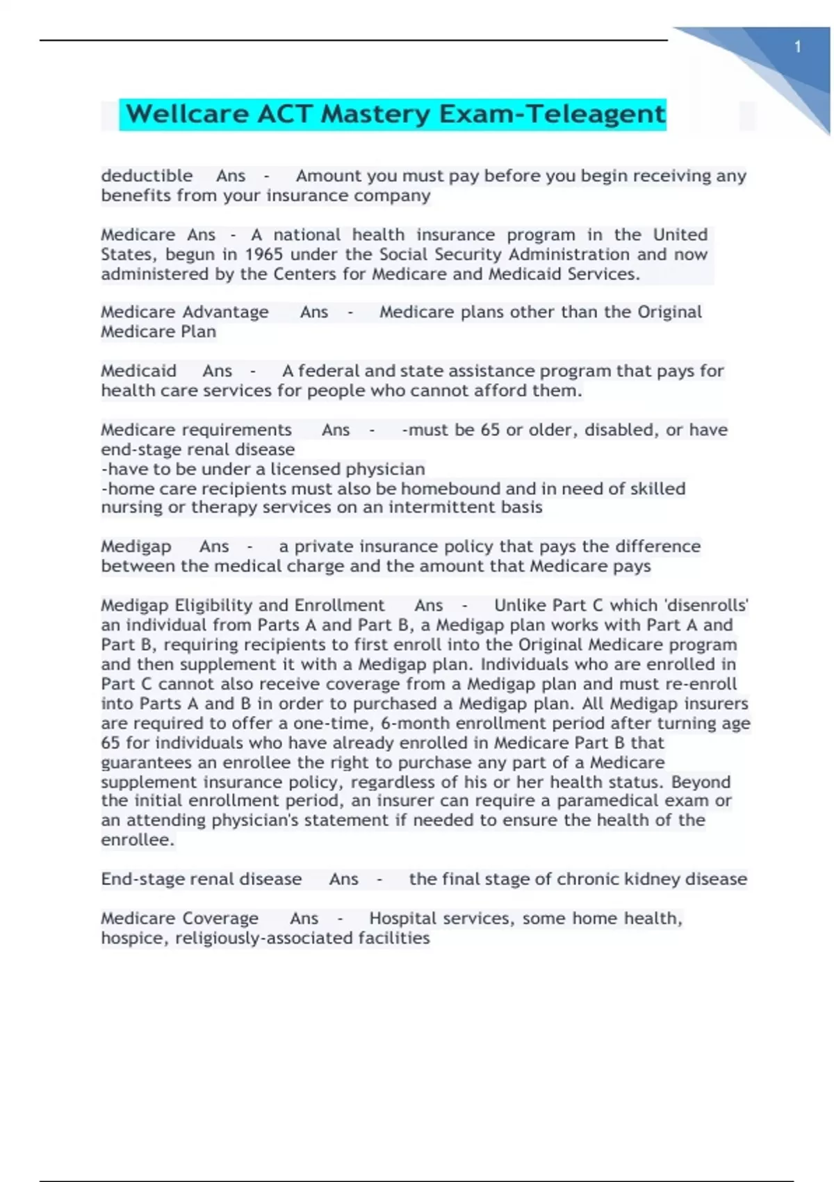 Wellcare ACT Mastery Exam Teleagent Questions With Correct Answers Wellcare ACT Mastery Exam Teleagent Questions With Correct Answers