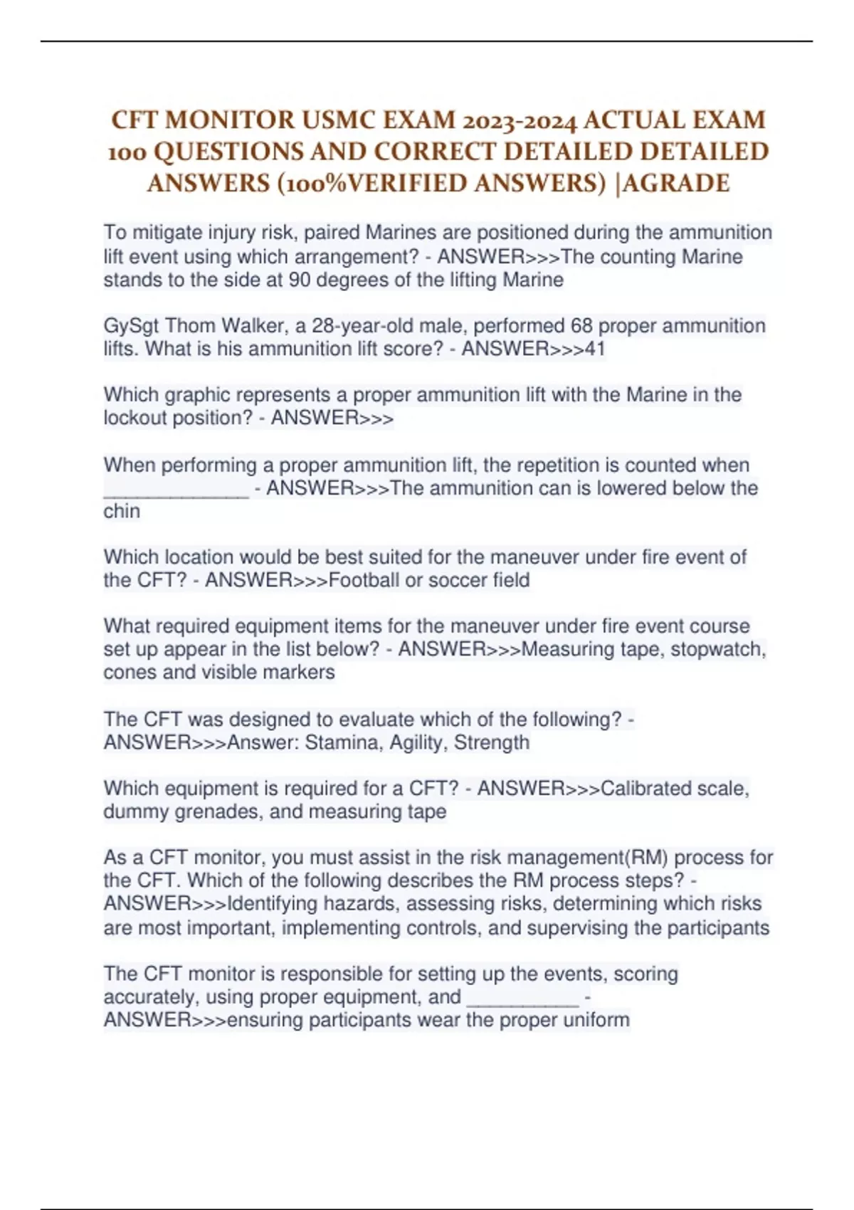 CFT MONITOR USMC EXAM ACTUAL EXAM 100 QUESTIONS AND CORRECT DETAILED ...