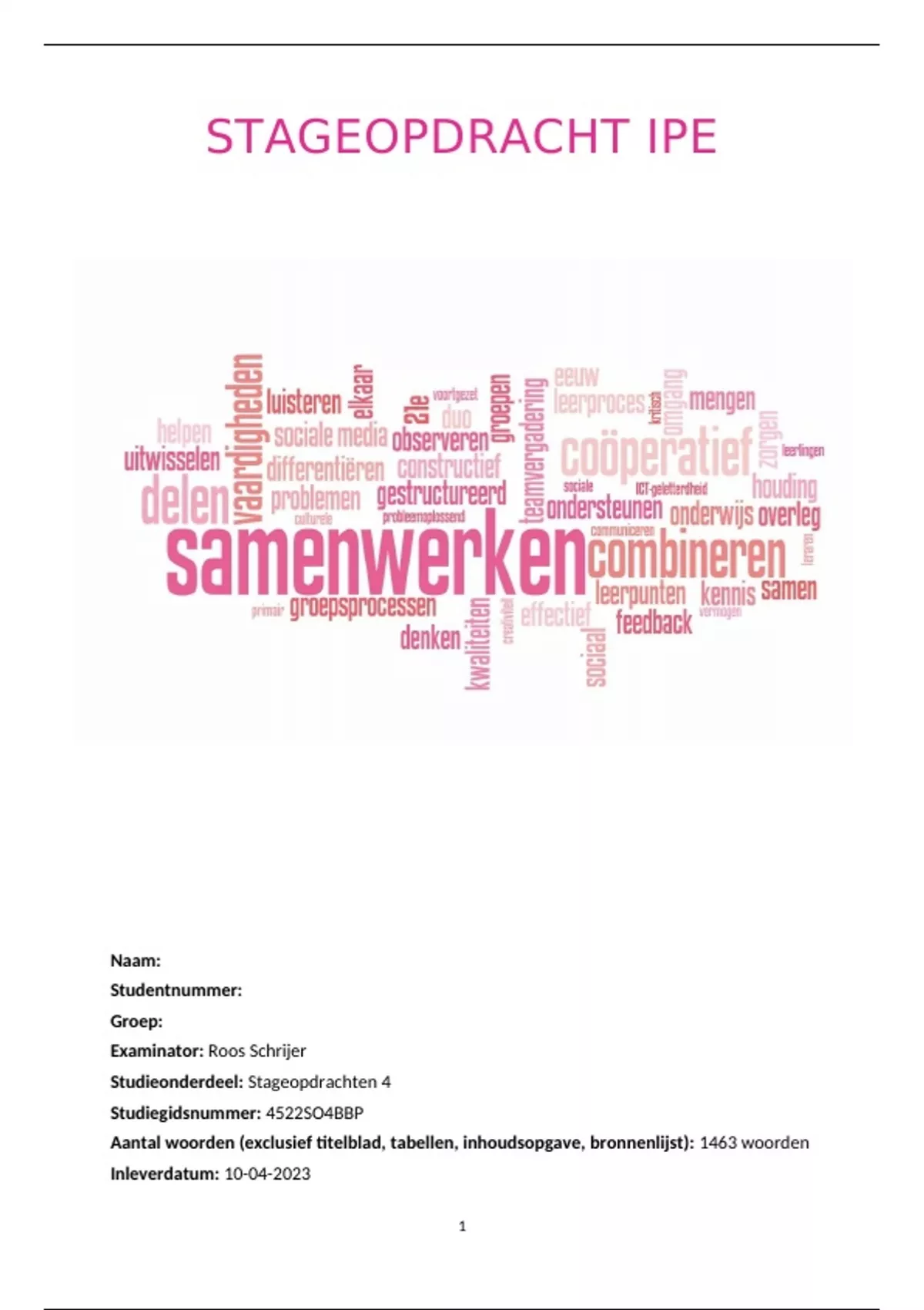 Stageopdracht IPE Jaar 4 - Stageopdrachten 4 (4500SO4_22) - Stuvia NL