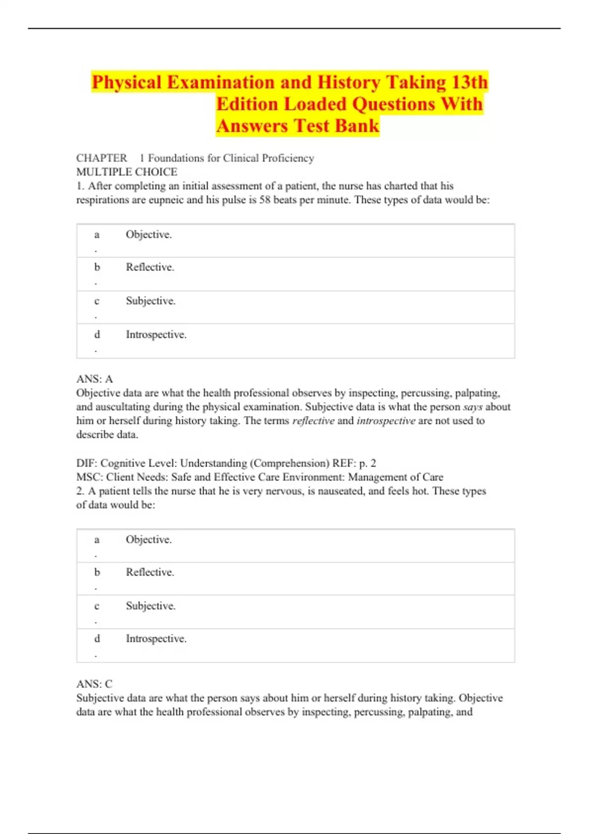 Physical Examination and History Taking 13th Edition Loaded Questions ...