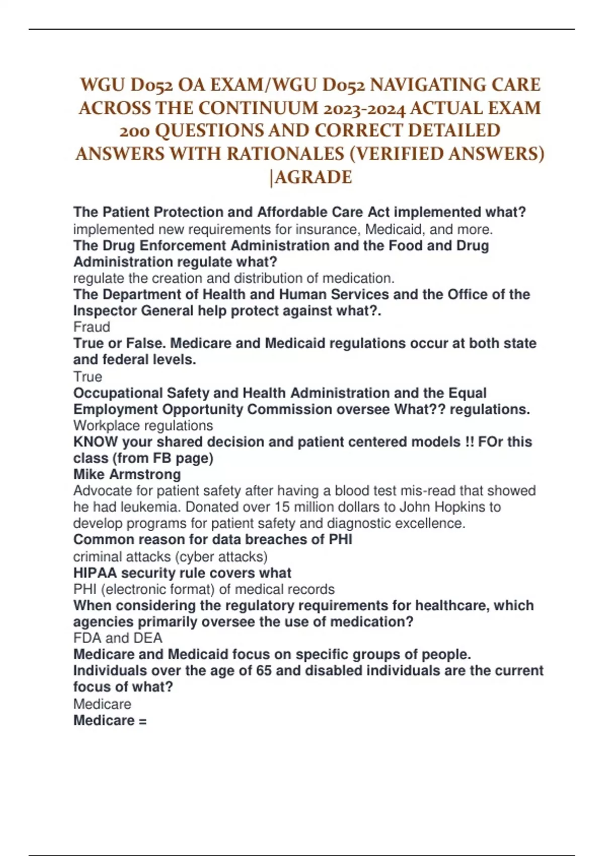 WGU D052 OA EXAM/WGU D052 NAVIGATING CARE ACROSS THE CONTINUUM ACTUAL ...