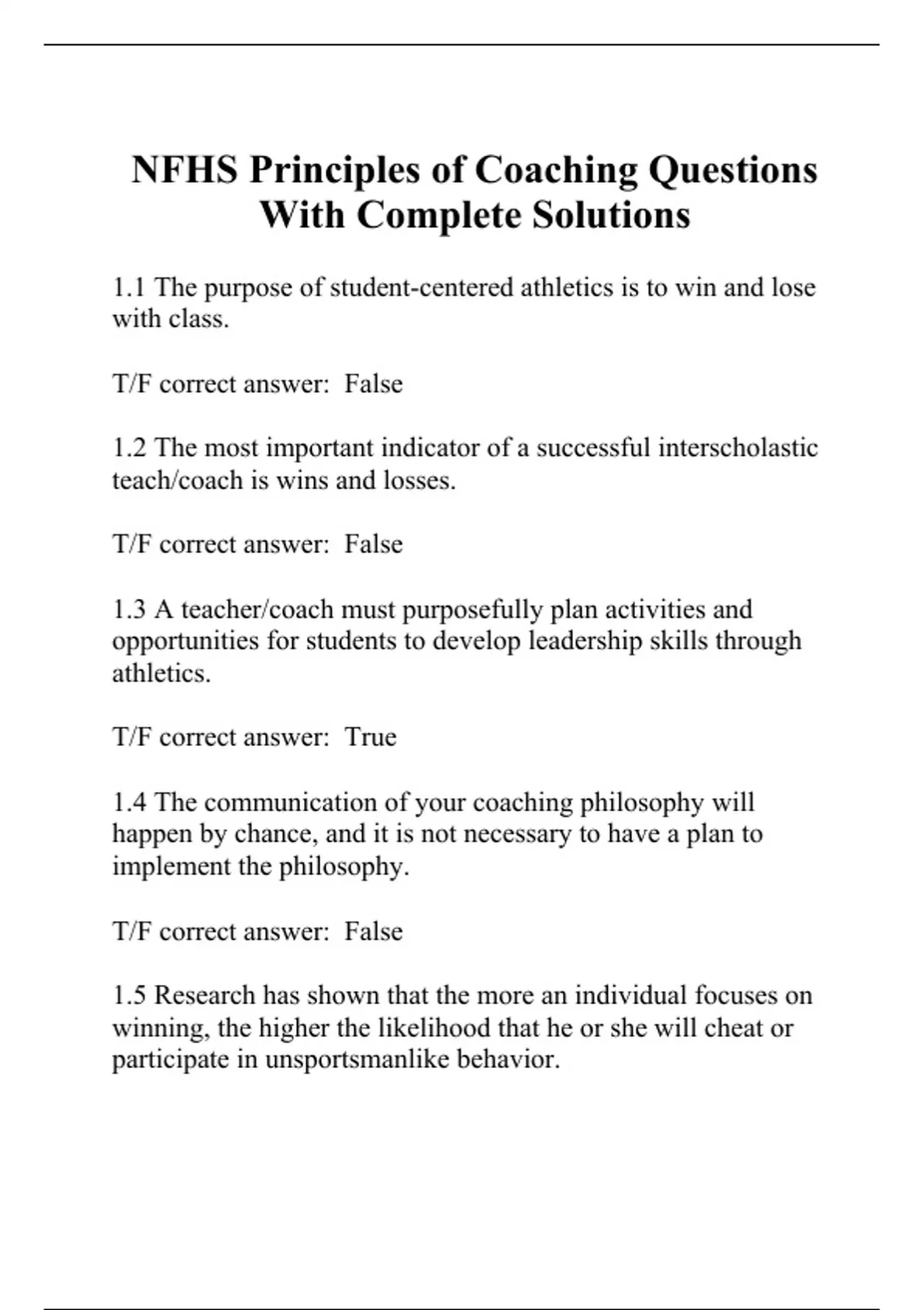 NFHS Principles of Coaching Questions With Complete Solutions - NFHS - Stuvia US