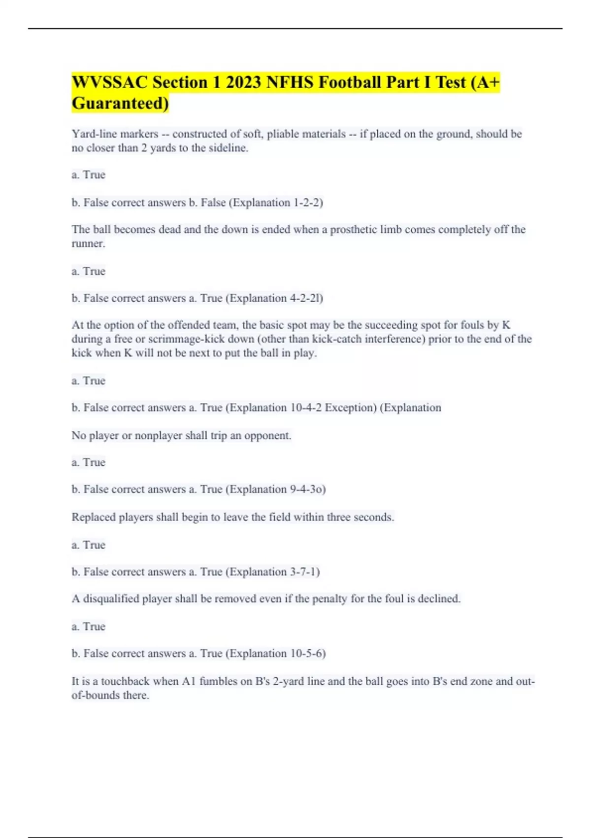 WVSSAC Section 1 2023 NFHS Football Part I Test (A+ Guaranteed ...