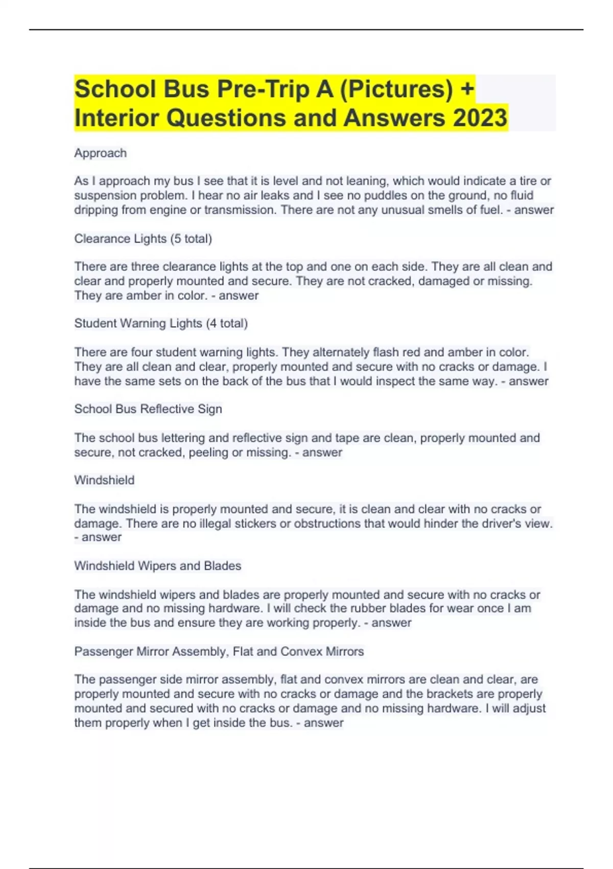 School Bus Pre-Trip A (Pictures) + Interior Questions and Answers 2023 ...