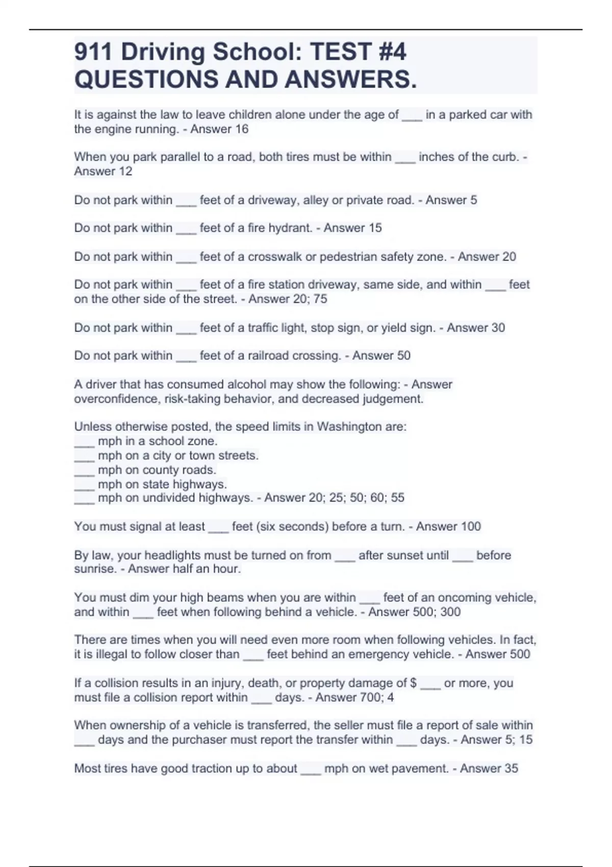 911 Driving School: TEST #4 QUESTIONS AND ANSWERS. - 911 Driving School ...