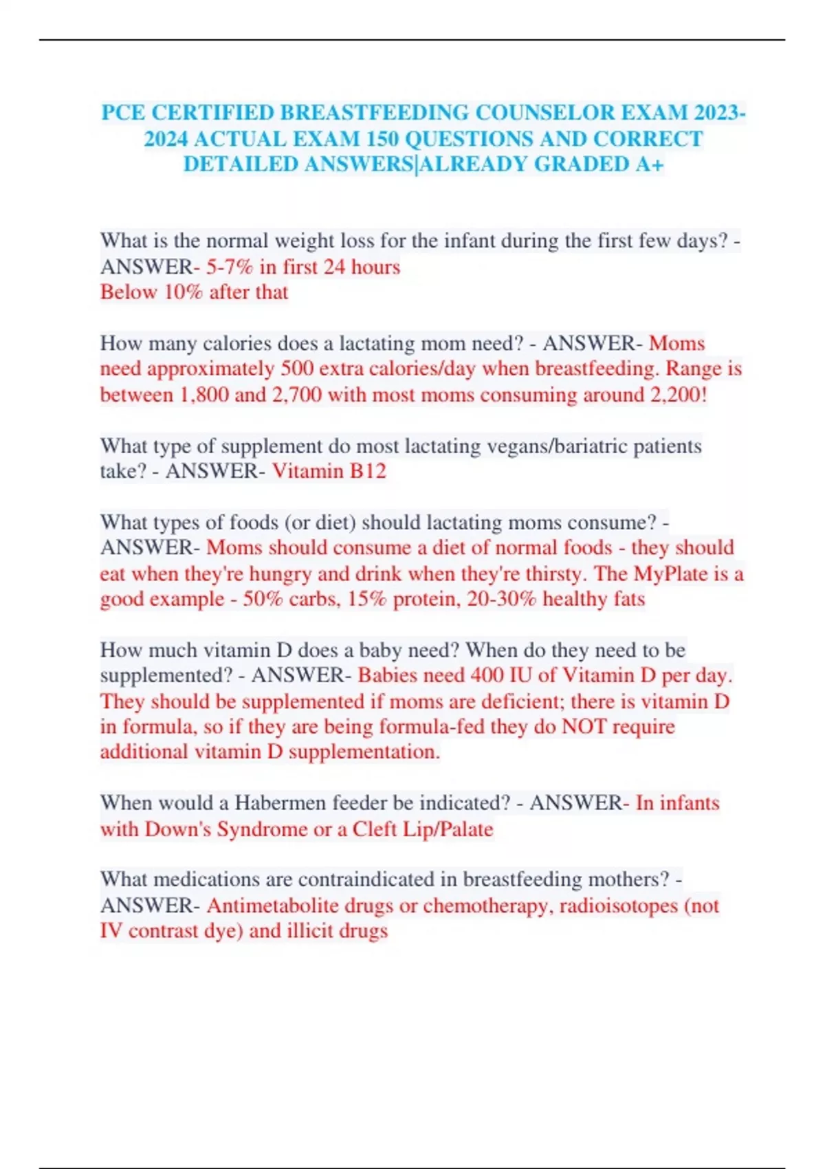 PCE CERTIFIED BREASTFEEDING COUNSELOR EXAM ACTUAL EXAM 150 QUESTIONS ...