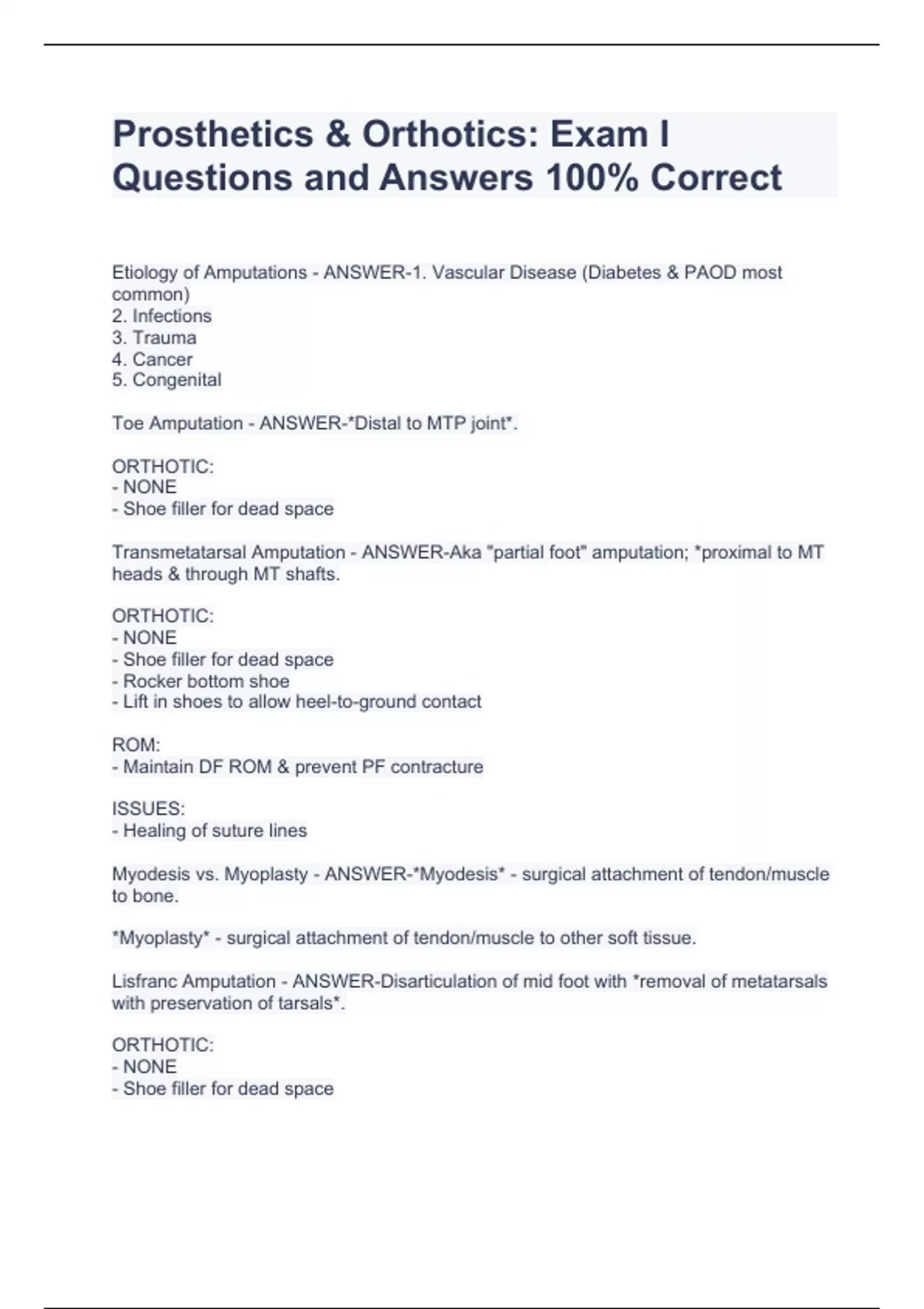 Prosthetics & Orthotics: Exam I Questions and Answers (100% Correct ...
