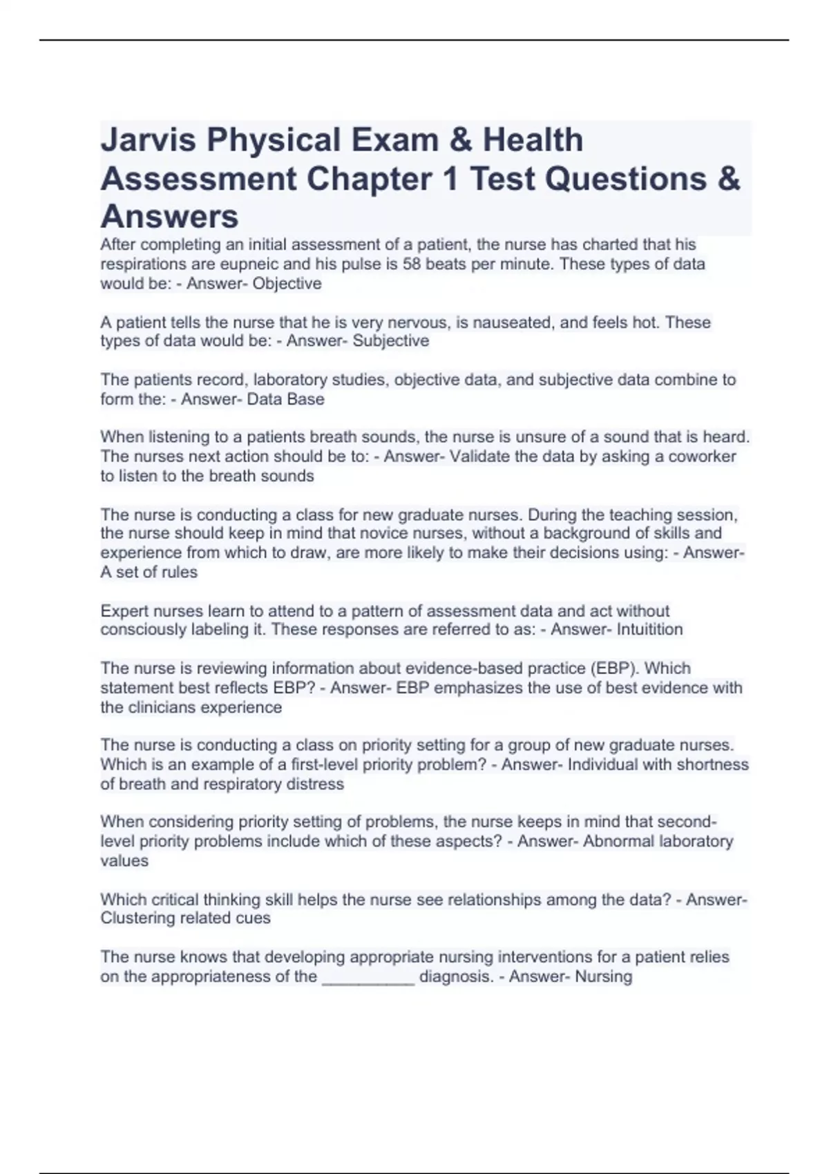 Jarvis Physical Exam & Health Assessment Chapter 1 Test Questions ...