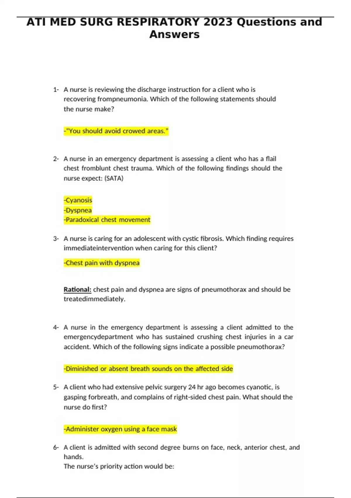 ATI MED SURG RESPIRATORY 2023 Questions and Answers - ATI MED SURG ...