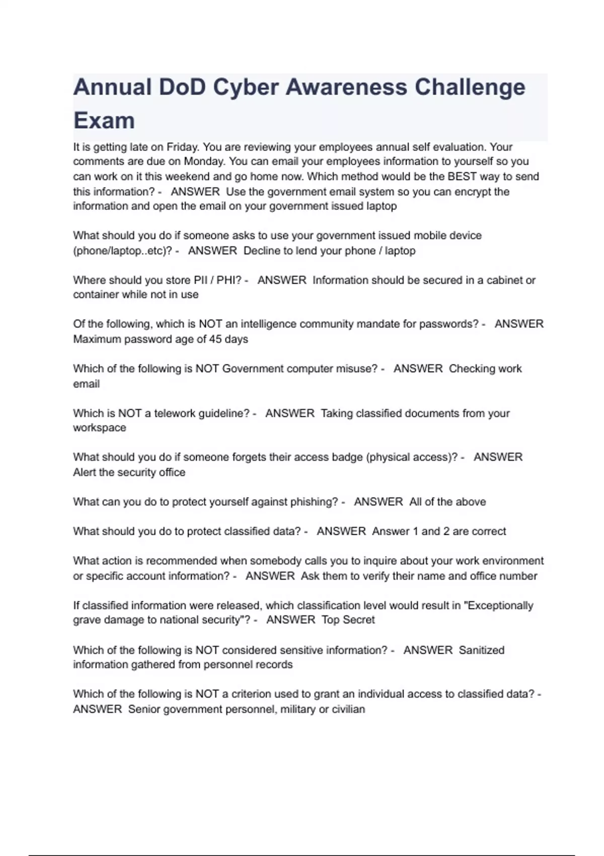 Annual DoD Cyber Awareness Challenge Exam QUESTIONS & ANSWERS (A+ ...