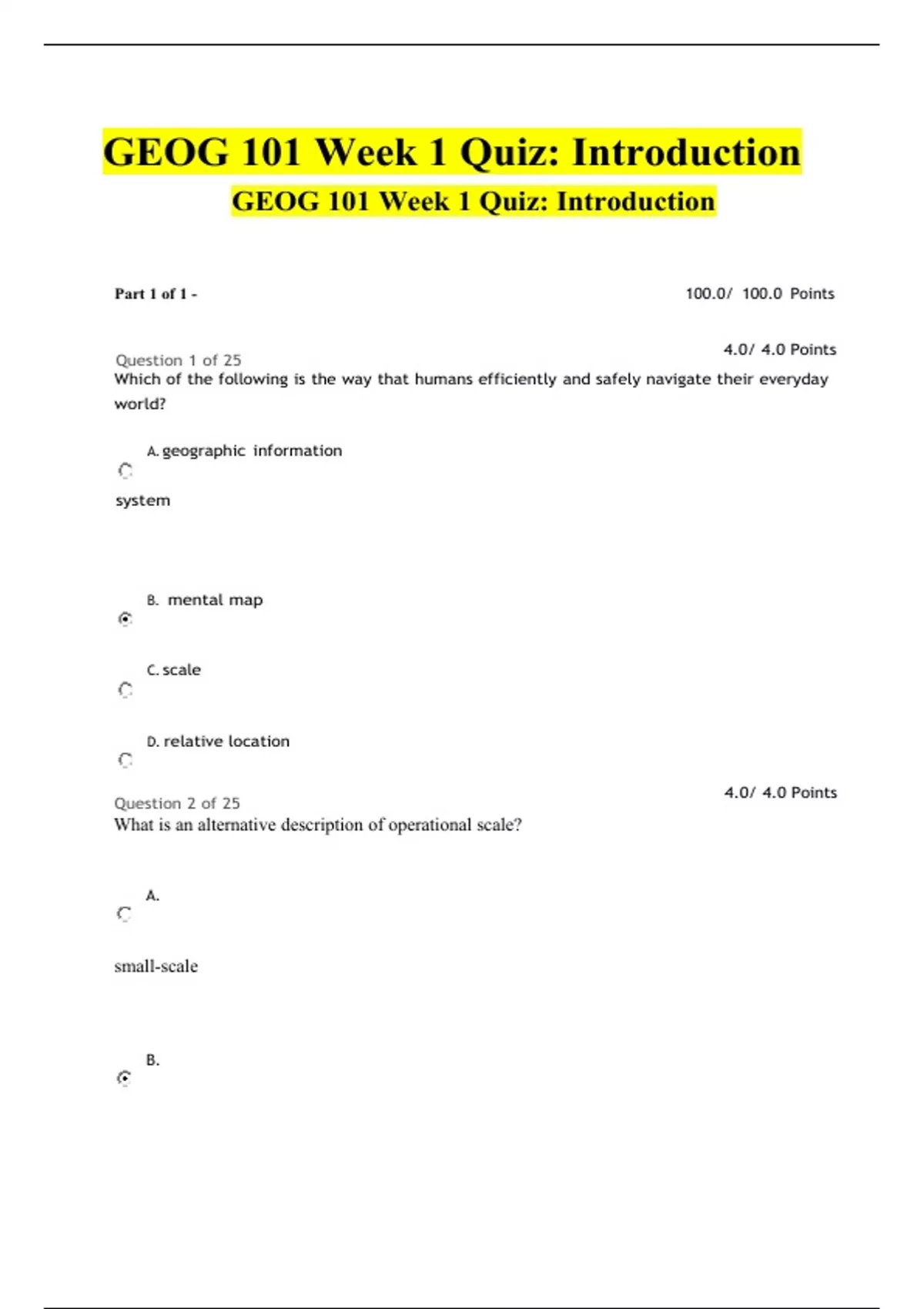 GEOG 101 Week 1 Quiz: Introduction questions and answers} (2022/2023 ...