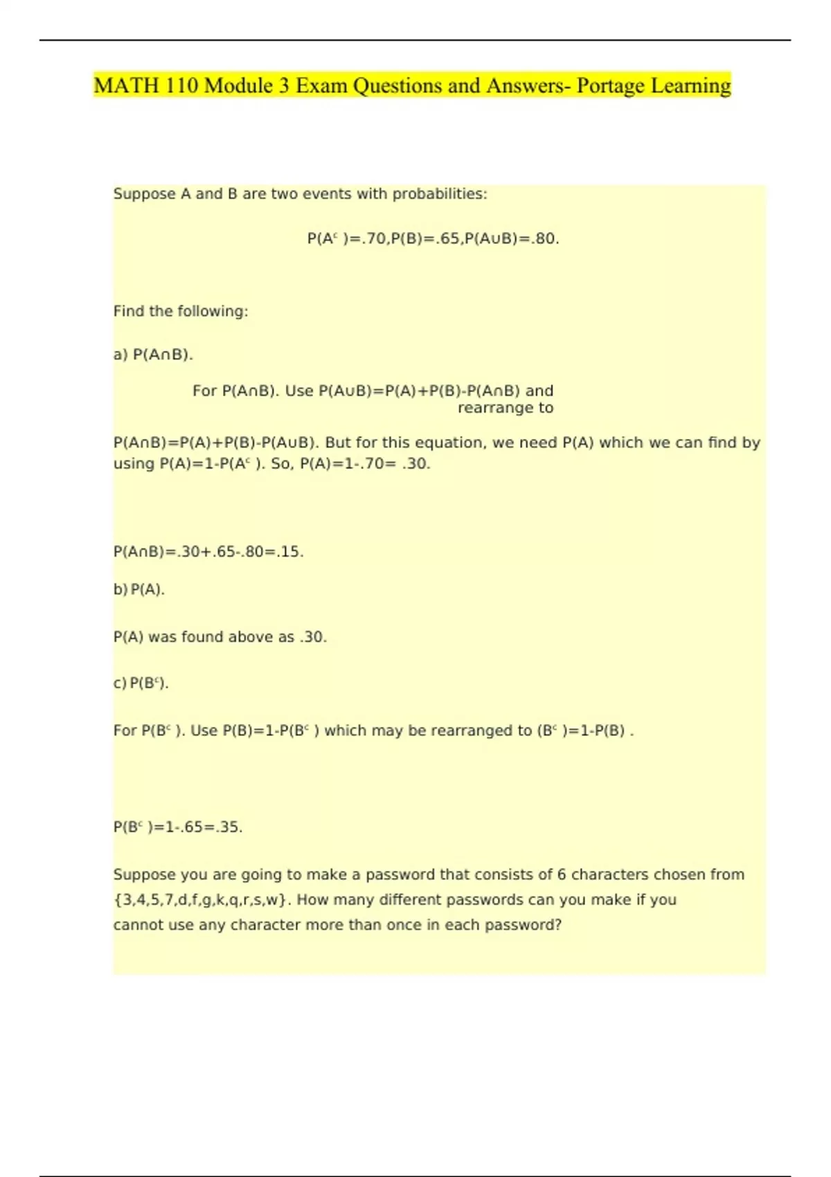 Math 110 Module 3 Exam Questions And Answers Portage Learning Questions And Answers} 2022