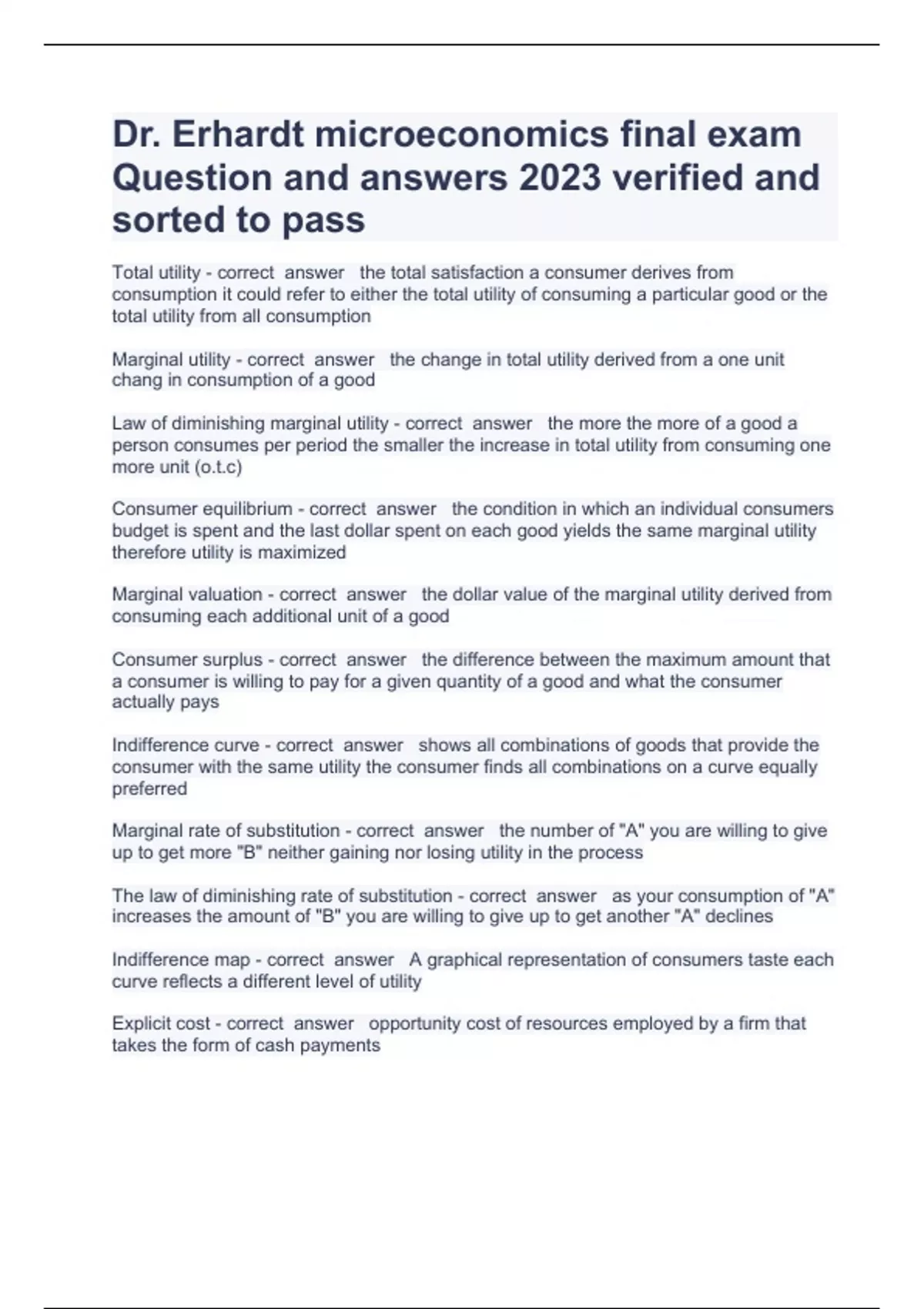 Dr. Erhardt microeconomics final exam Question and answers 2023 ...