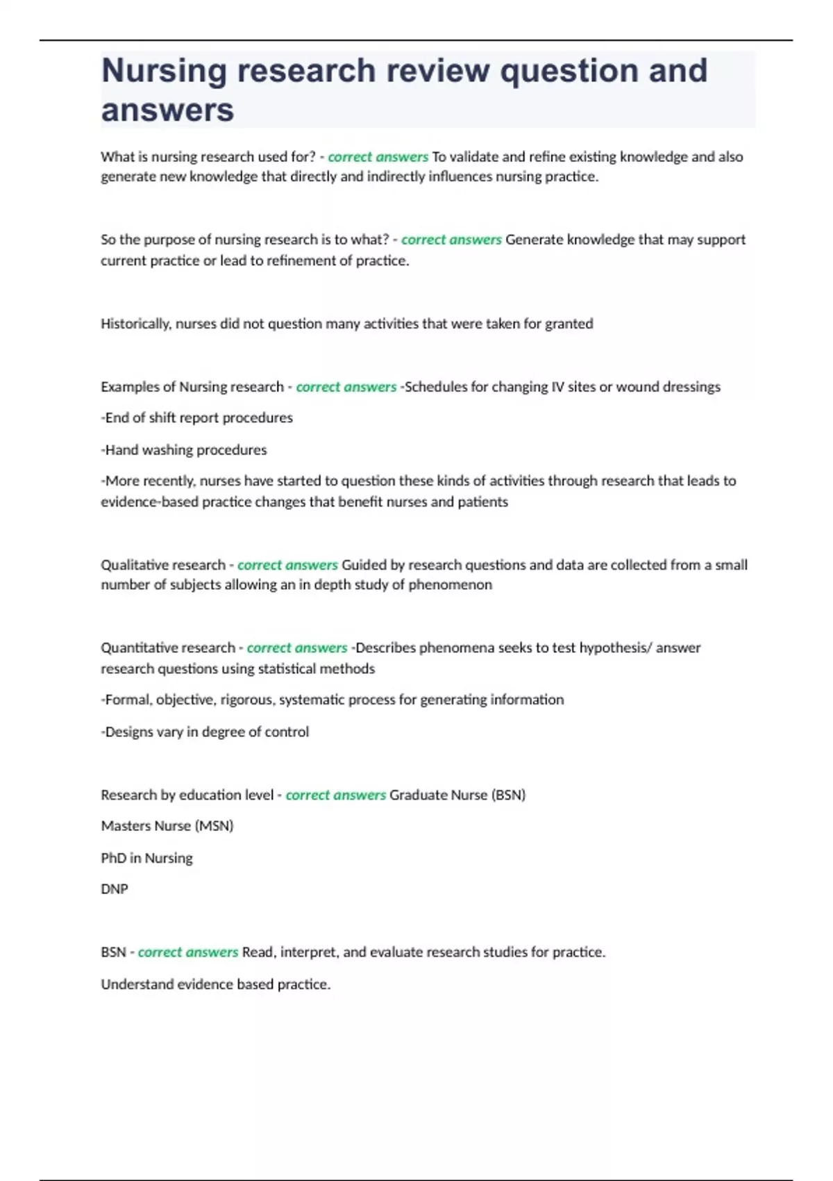 Nursing research review question and answers - Nursing research - Stuvia US