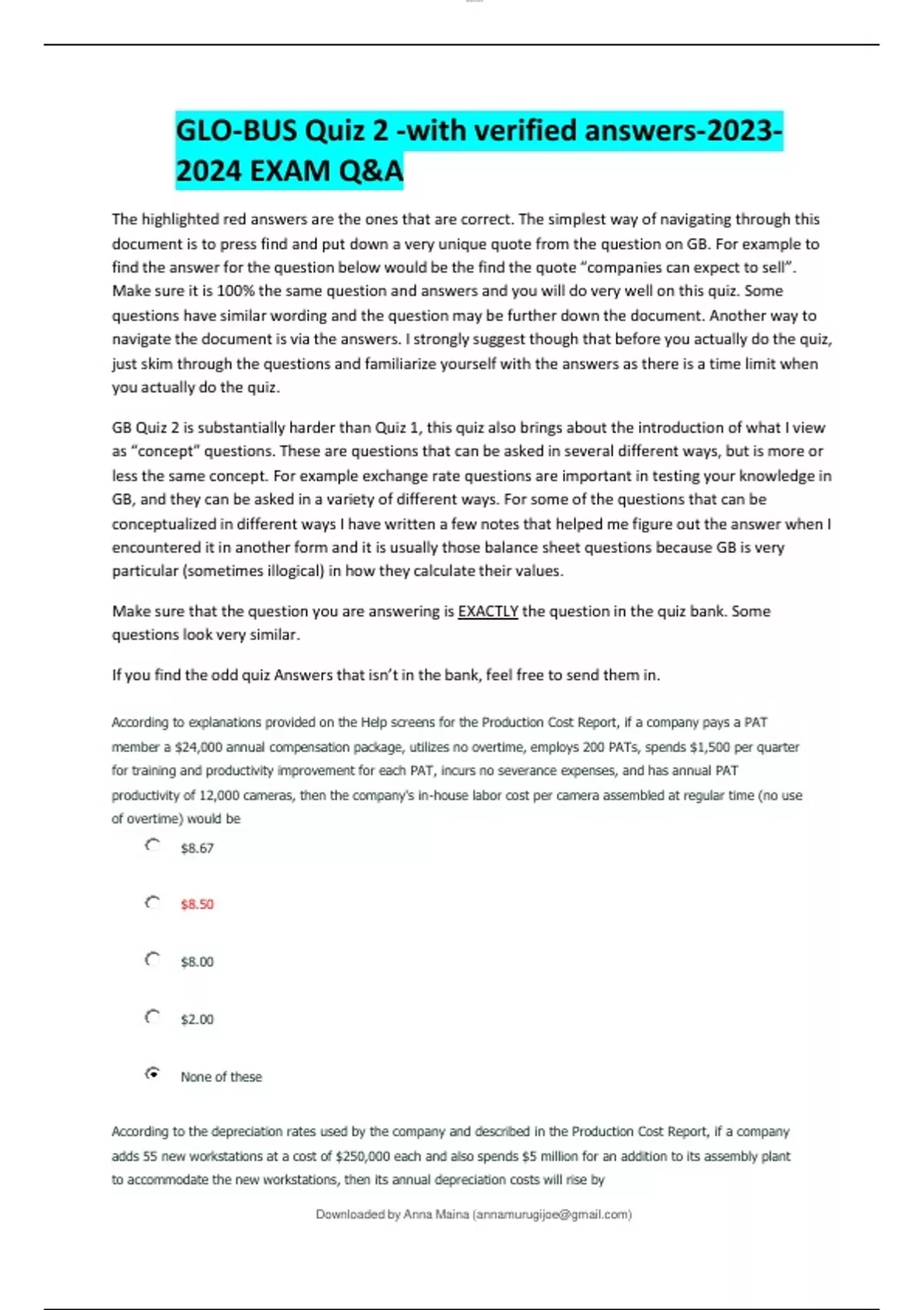 GLO-BUS Quiz 2 -with verified answers- EXAM Q&A - Glo-Bus - Stuvia US