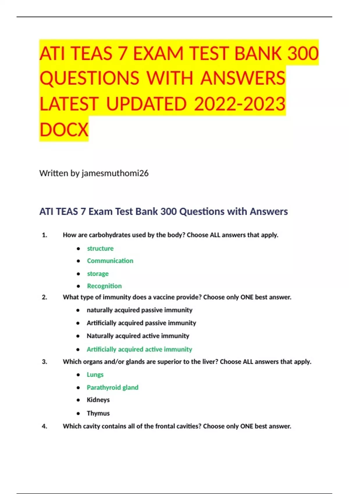 ATI TEAS 7 EXAM TEST BANK 300 qns and ans latest update for students ...