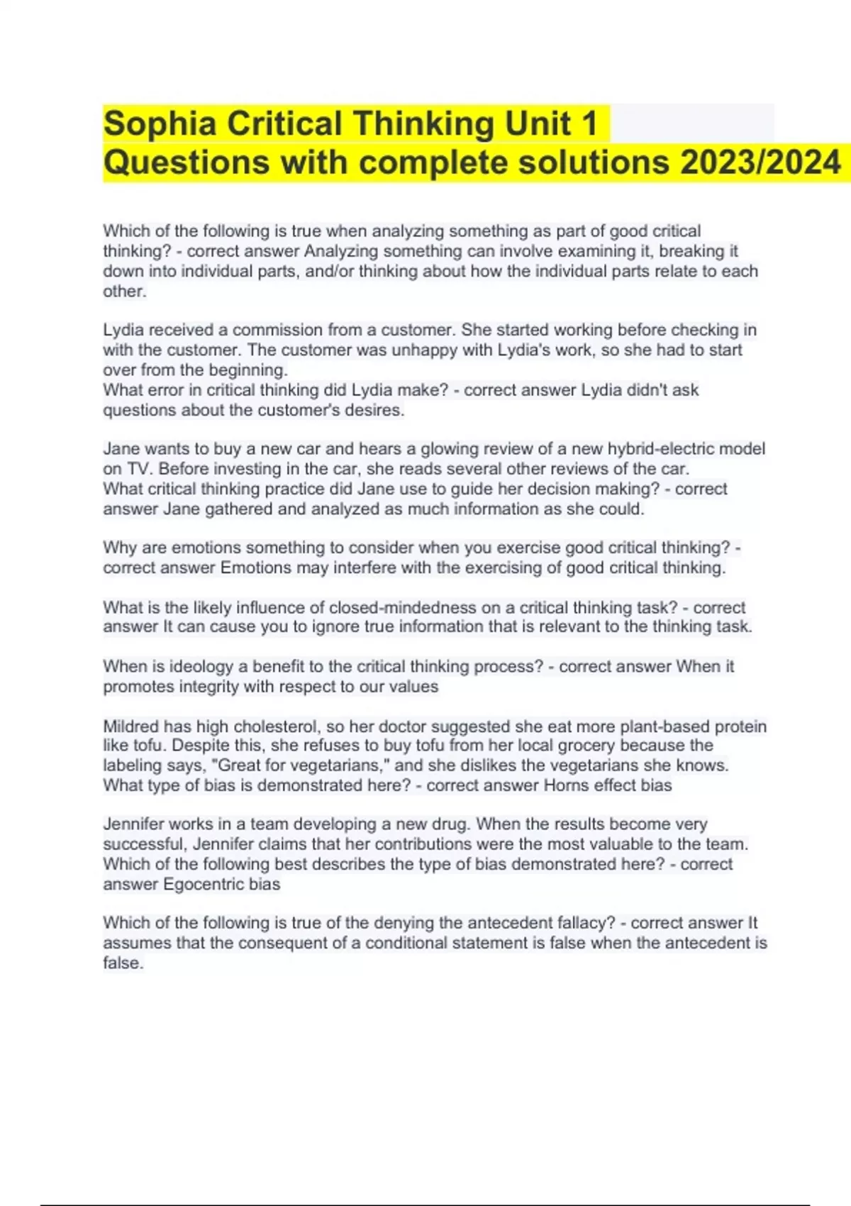 Sophia Critical Thinking: Questions with 100% Correct Answers Latest ...