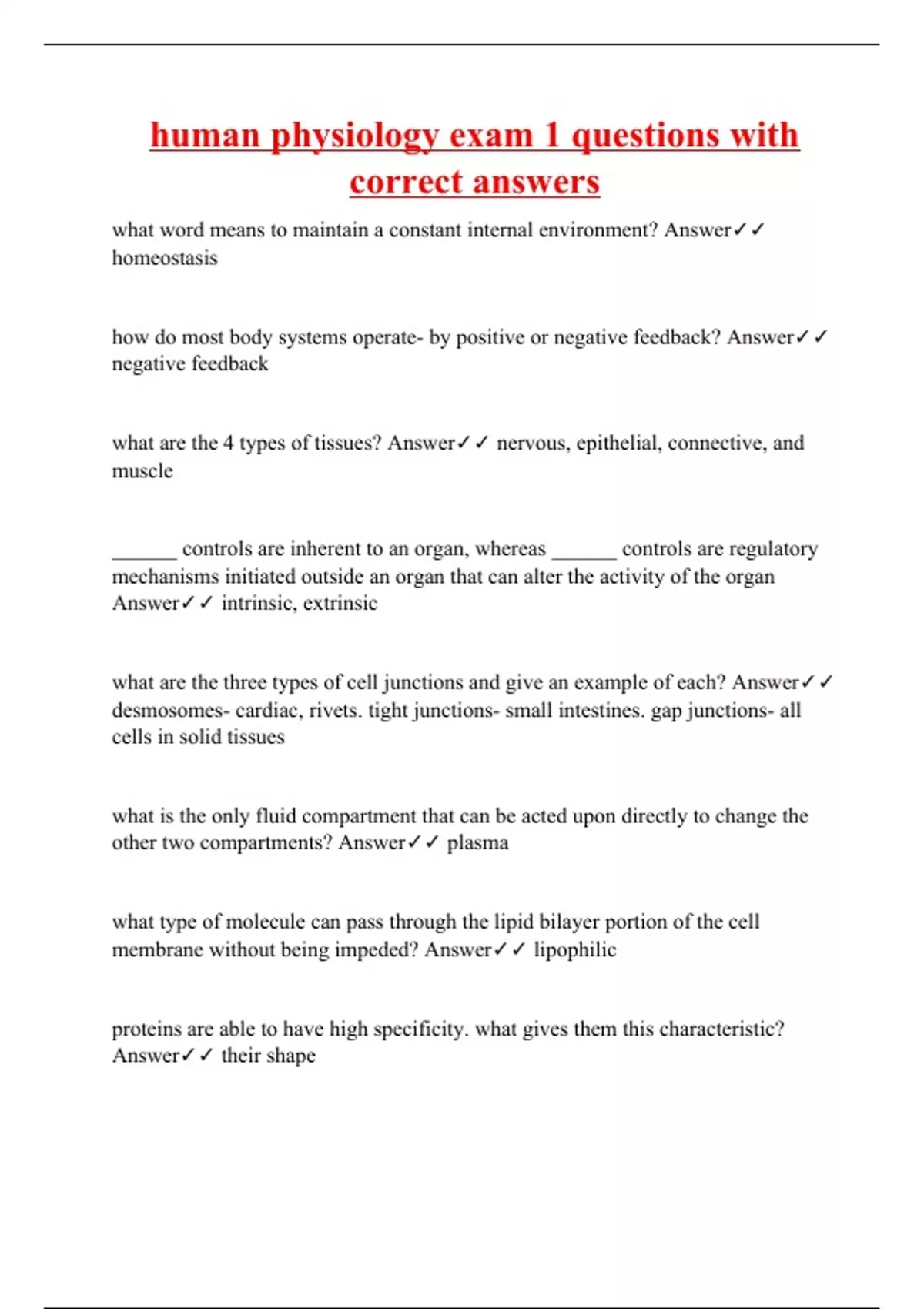 human physiology exam 1 questions with correct answers - Human ...
