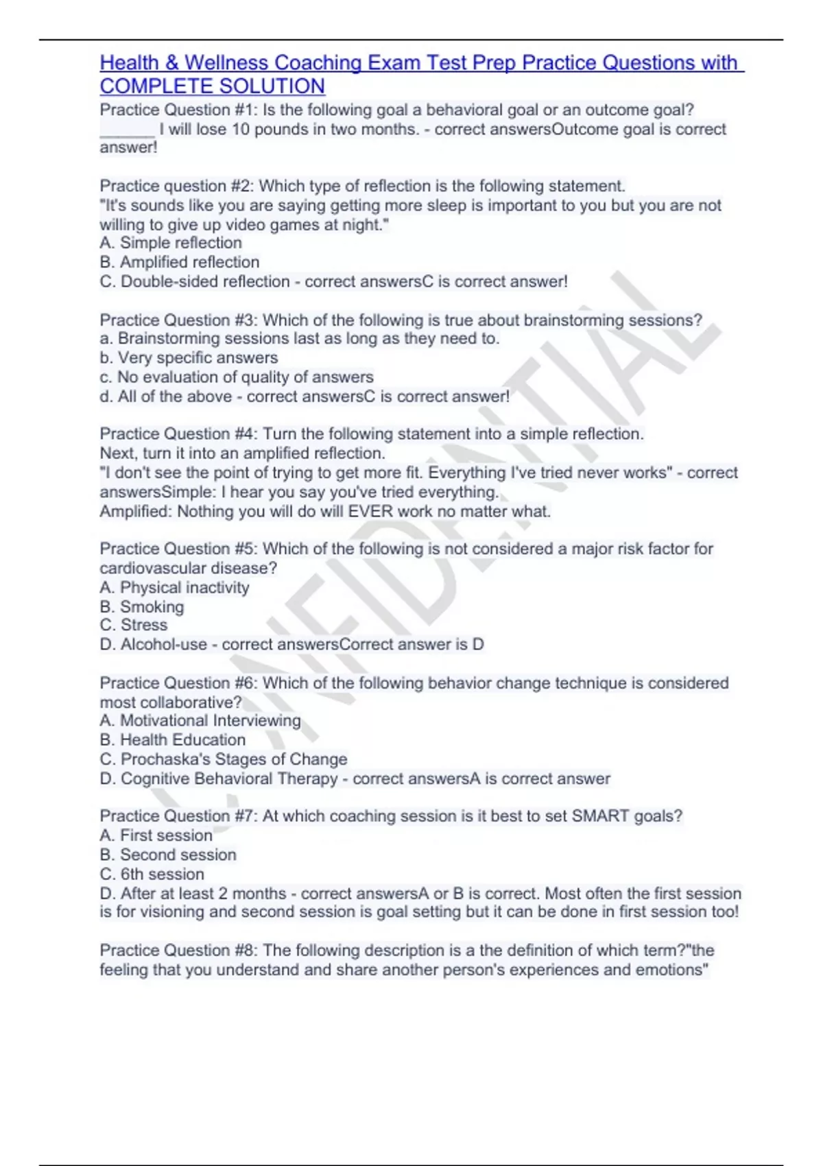 Health & Wellness Coaching Exam Test Prep Practice Questions with ...
