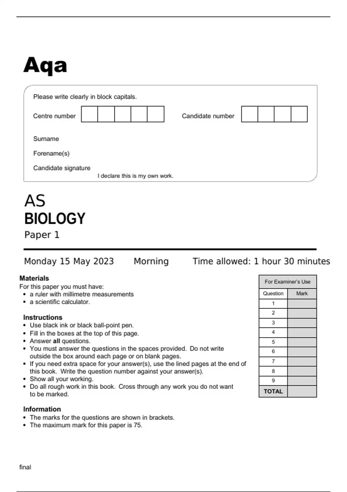Aqa AS Biology (7401/1) Question Paper and Mark Scheme June2023 ...