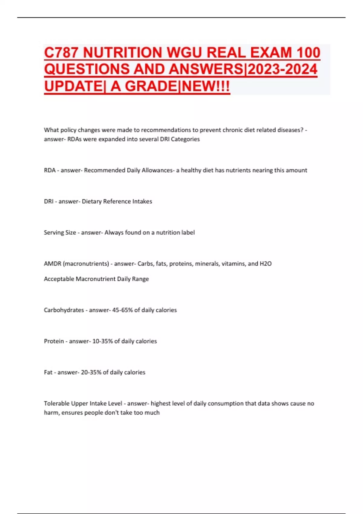 C787 NUTRITION WGU REAL EXAM 100 QNS AND ANS 2023 2024 UPDATE GRADED A NEW! - BSN - Stuvia US