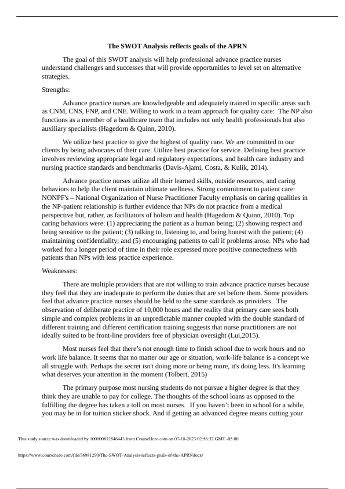 NSG 6021 The SWOT Analysis reflects goals of the APRN study guide - NSG ...