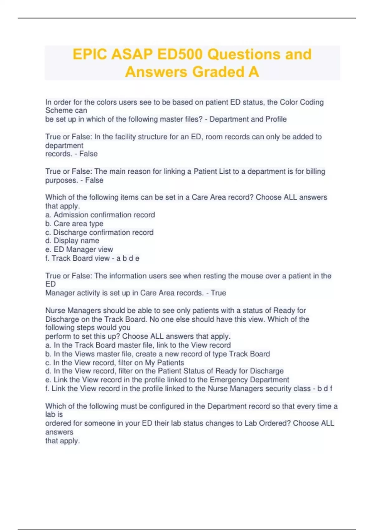 EPIC ASAP ED500 Questions and Answers Graded A - EPIC ASAP ED500 - Stuvia US