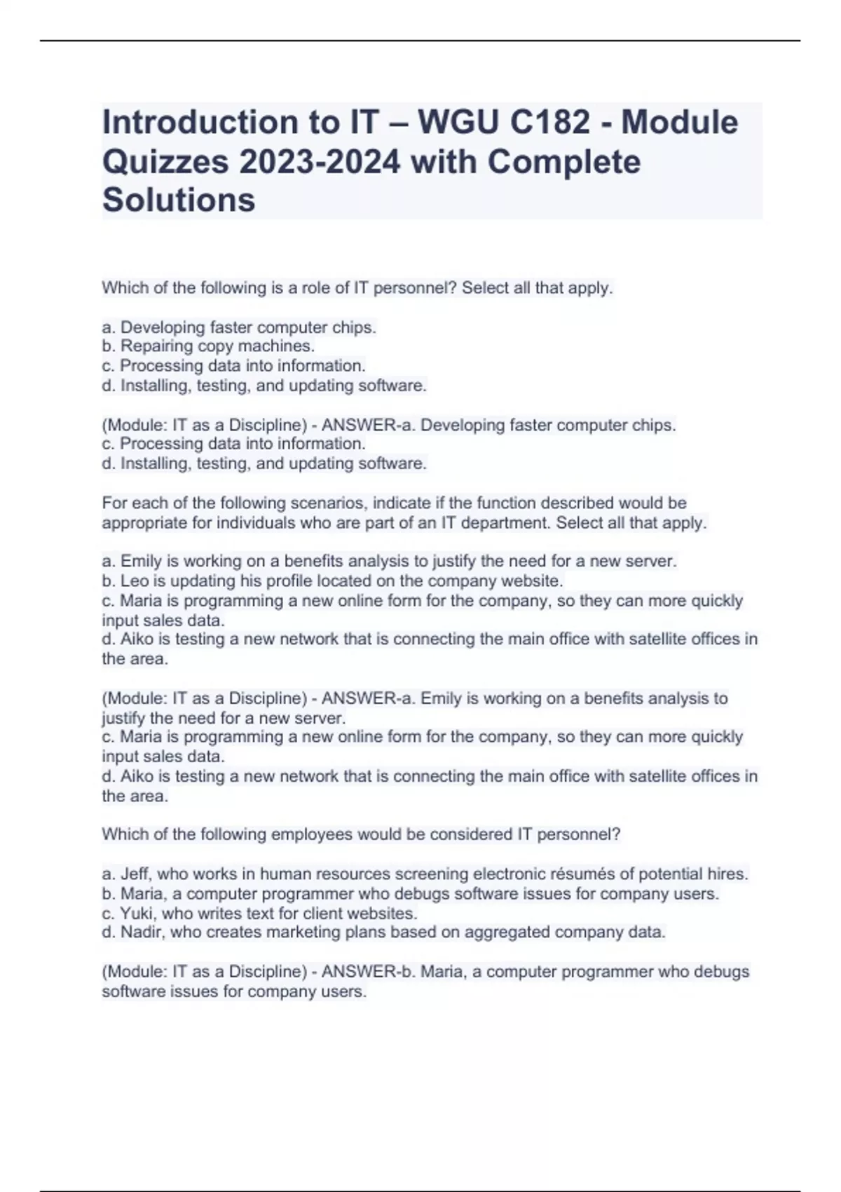Introduction to IT – WGU C182 - Module Quizzes with Complete Solutions ...