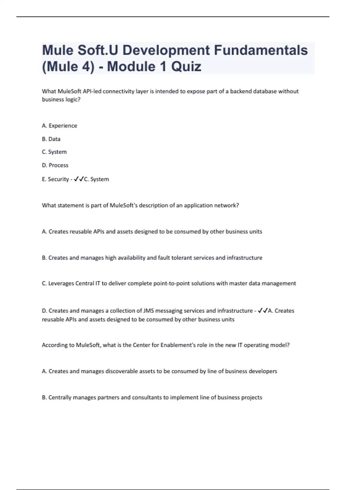 Mule Soft.U Development Fundamentals (Mule 4) - Module 1 Quiz | Questions with 100% correct ...