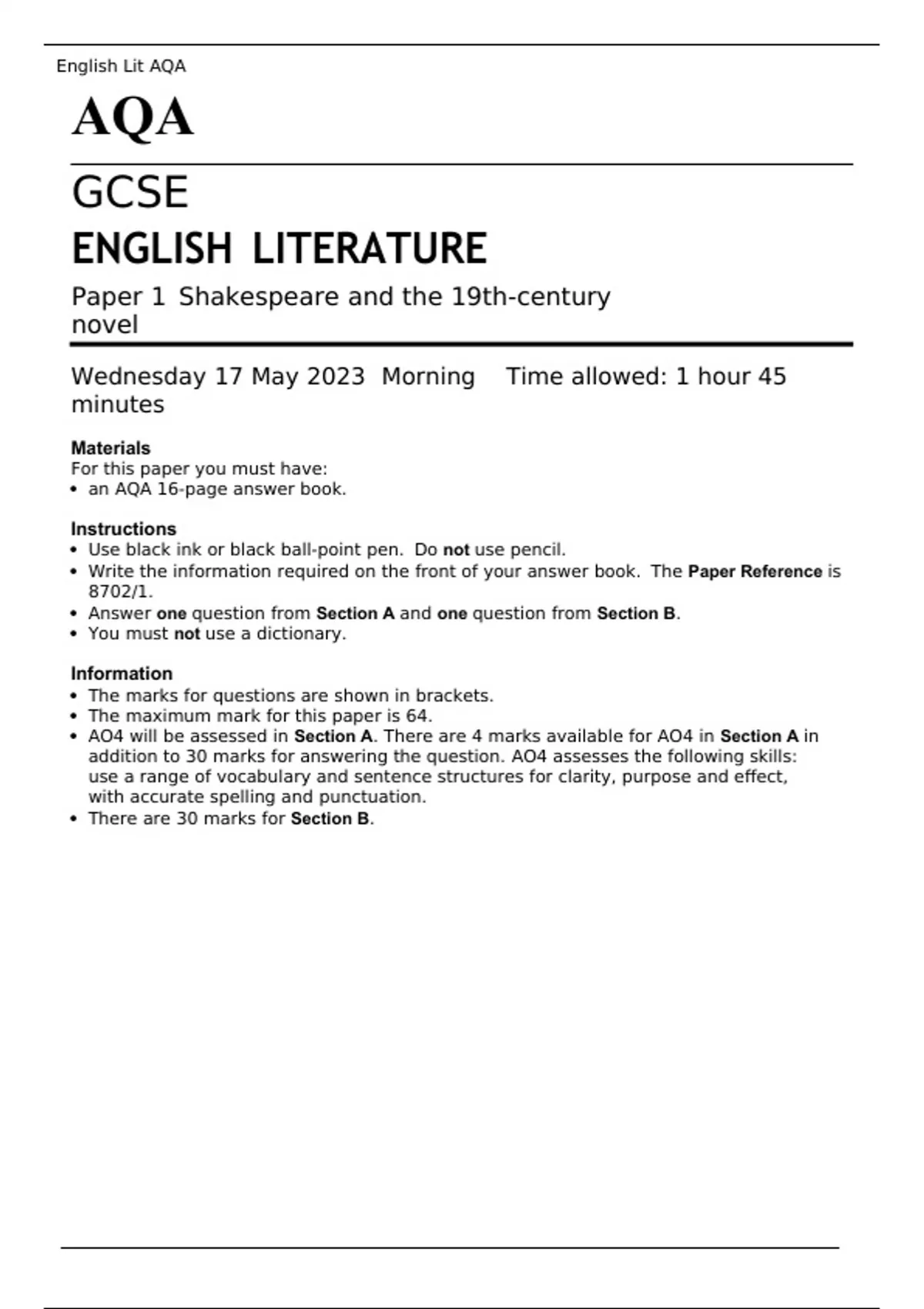 AQA GCSE ENGLISH LITERATURE Paper 1 MAY 2023 QUESTION PAPER ...