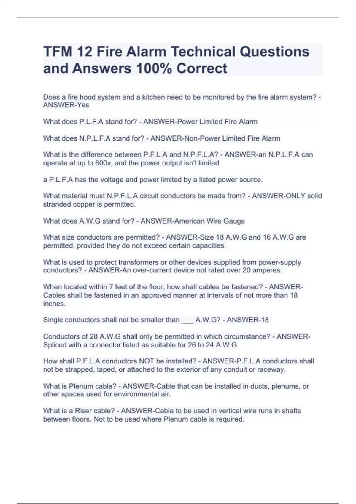 TFM 12 Fire Alarm Technical Questions and Answers 100% Correct - TFM 12 ...