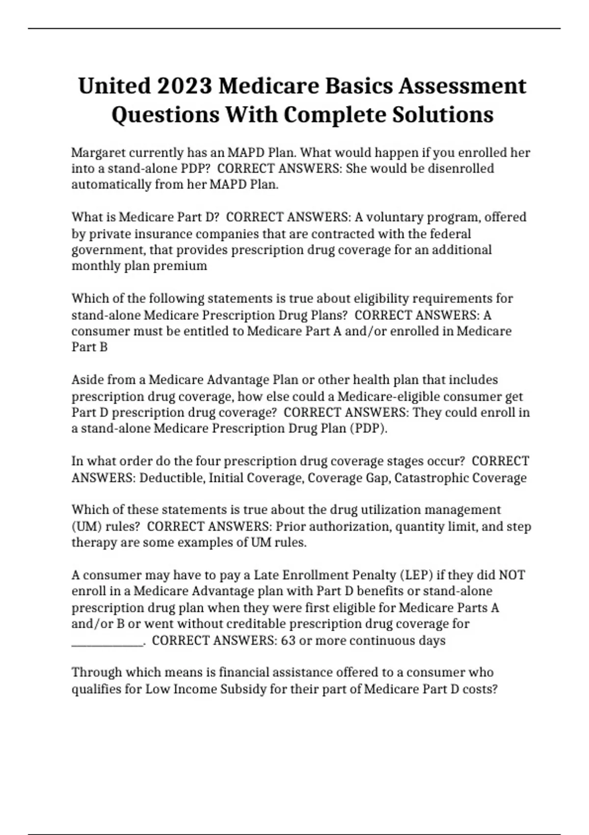 United 2023 Medicare Basics Assessment Questions With Complete ...