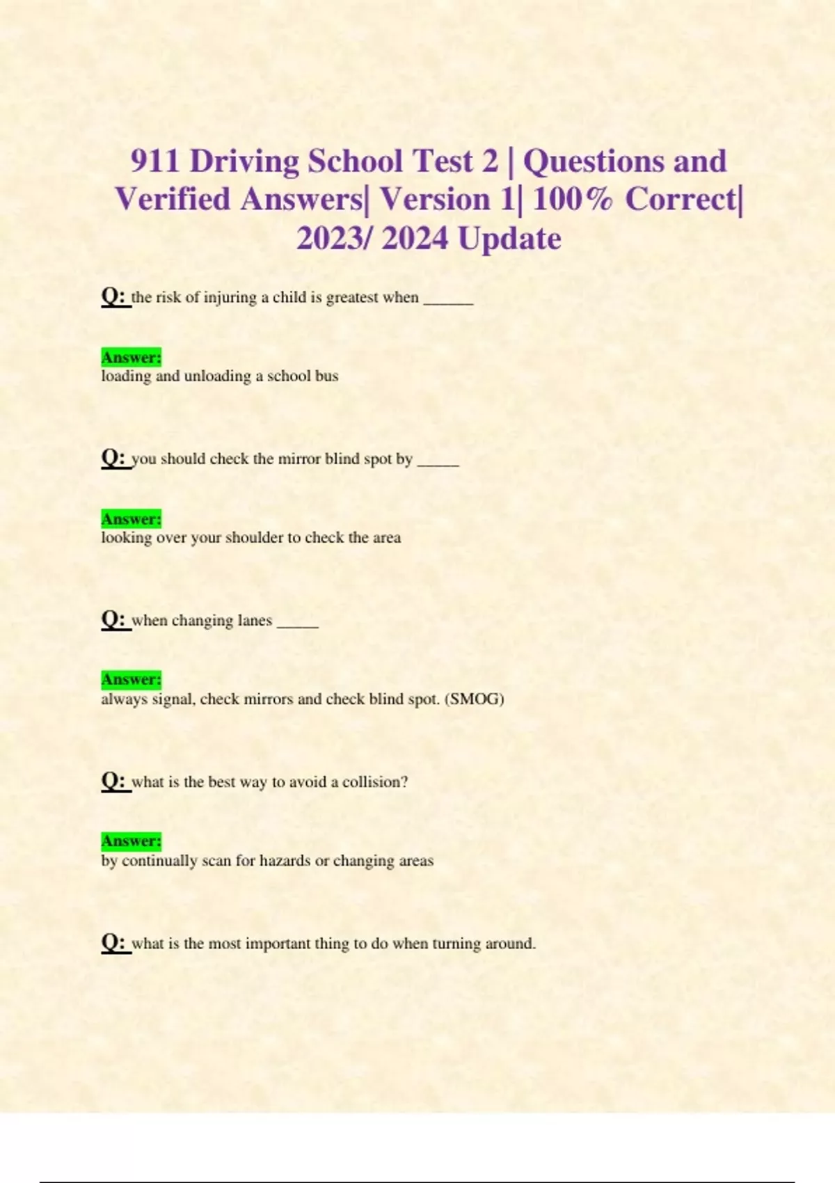 911 Driving School Test 2 | Questions and Verified Answers| Version 1 ...