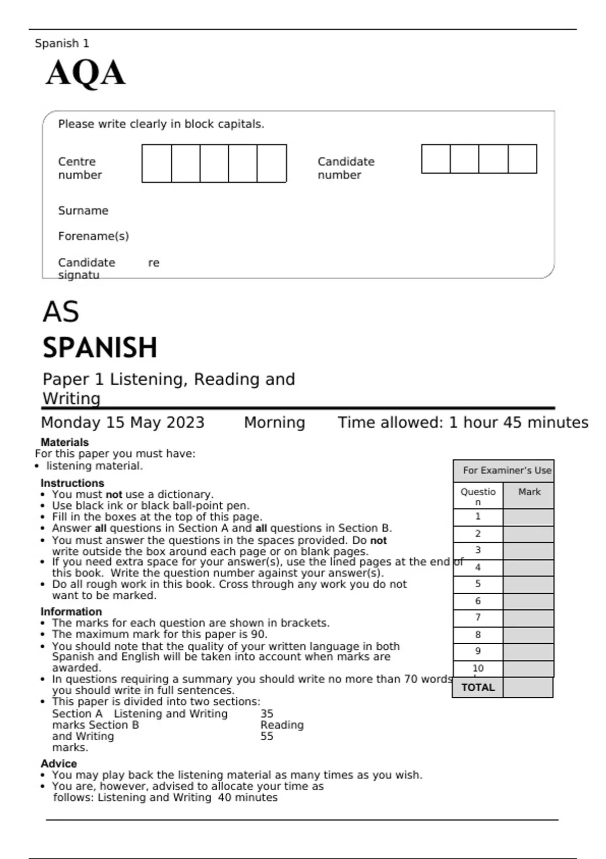 AQA AS SPANISH Paper 1 MAY 2023 QUESTION PAPER: Listening, Reading and ...