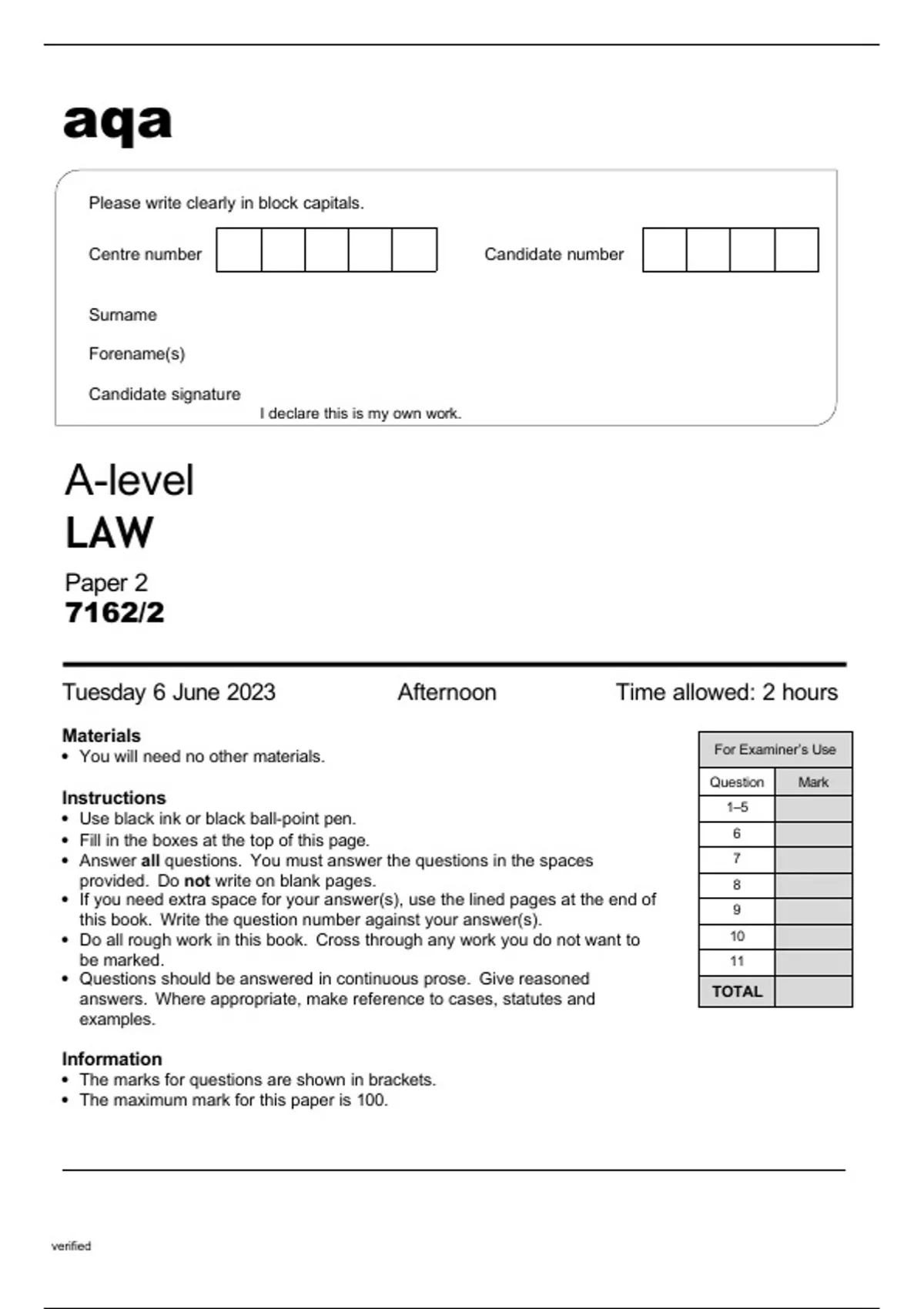 Aqa Law A-Level 7162/2 Question Paper Jun2023 Approved. - A-Level Law ...